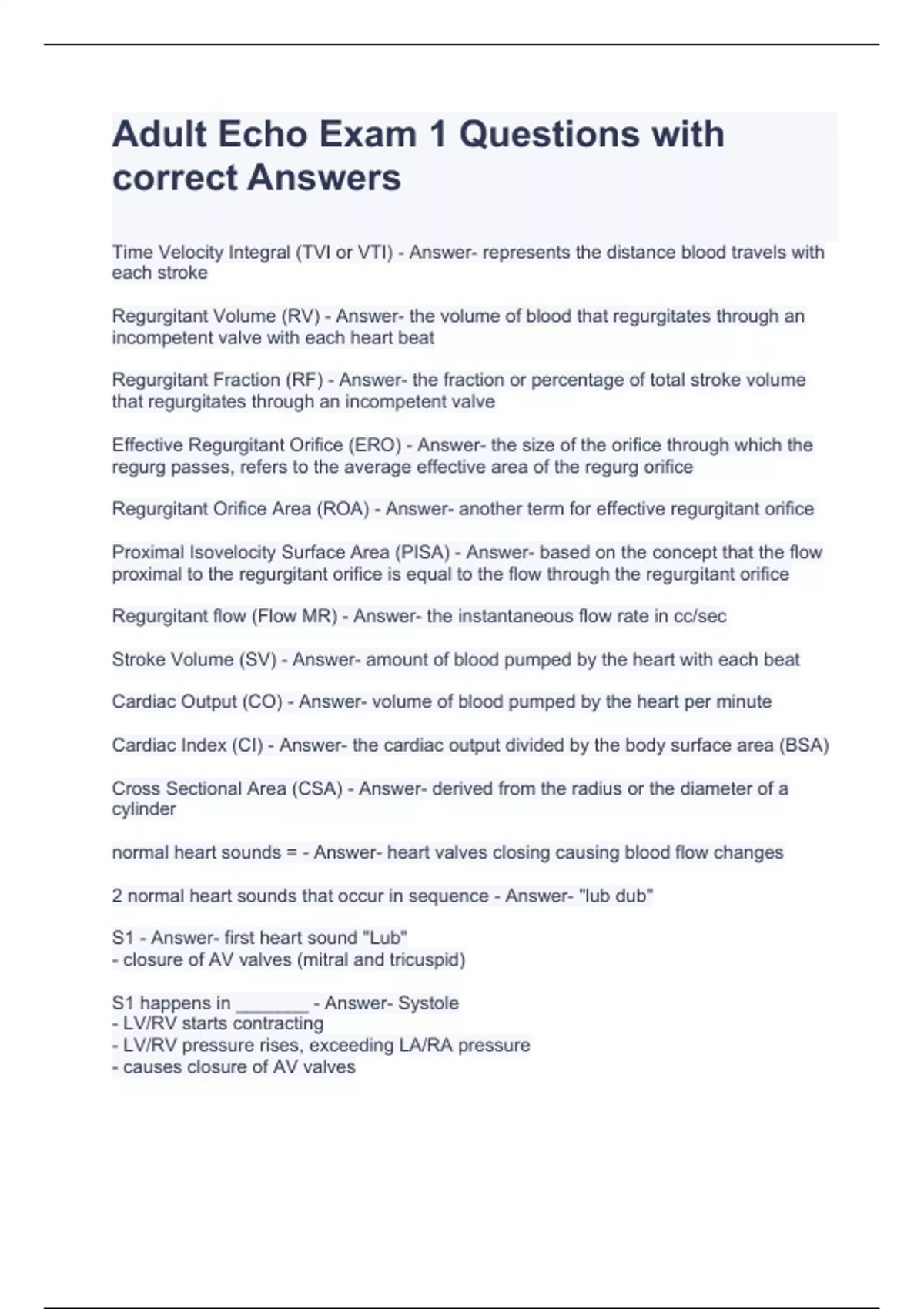 Adult Echo Exam 1 Questions with correct Answers - Adult Echo - Stuvia US