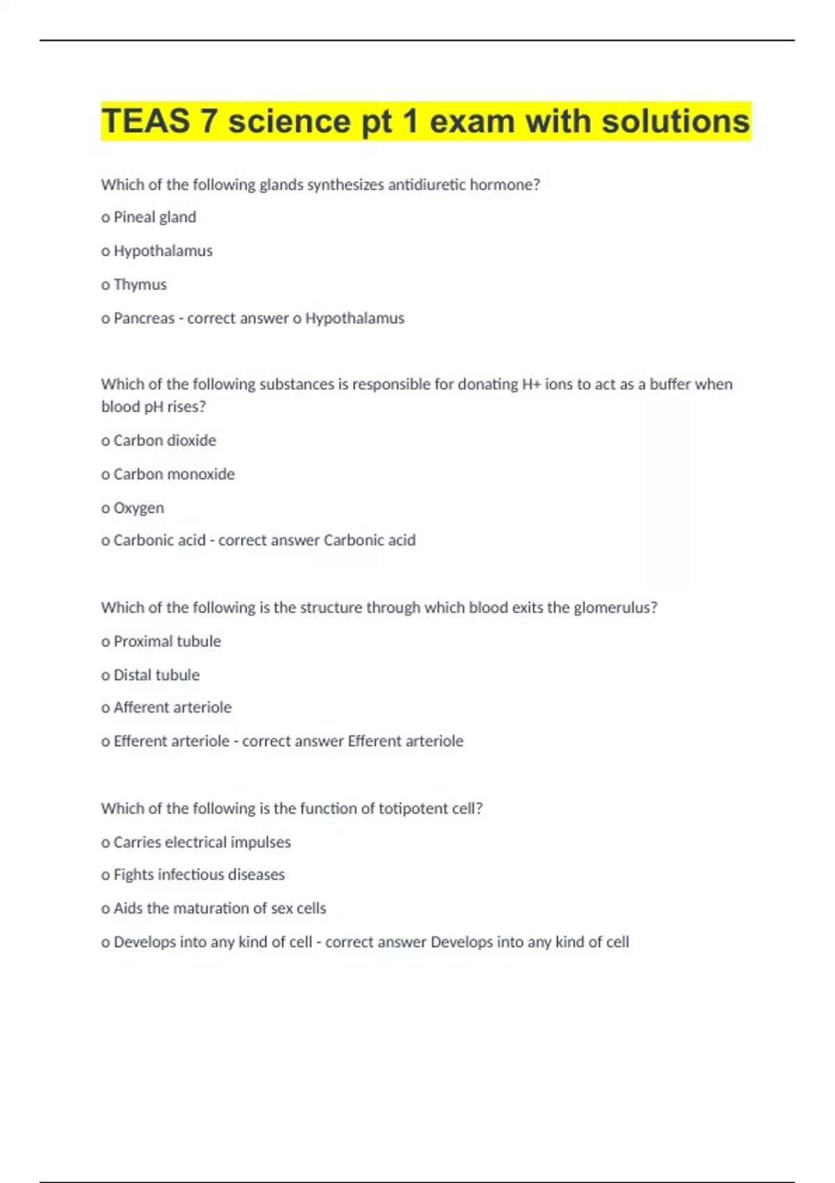 TEAS 7 science pt 1 exam with solutions - ATI TEAS 7 - Stuvia US