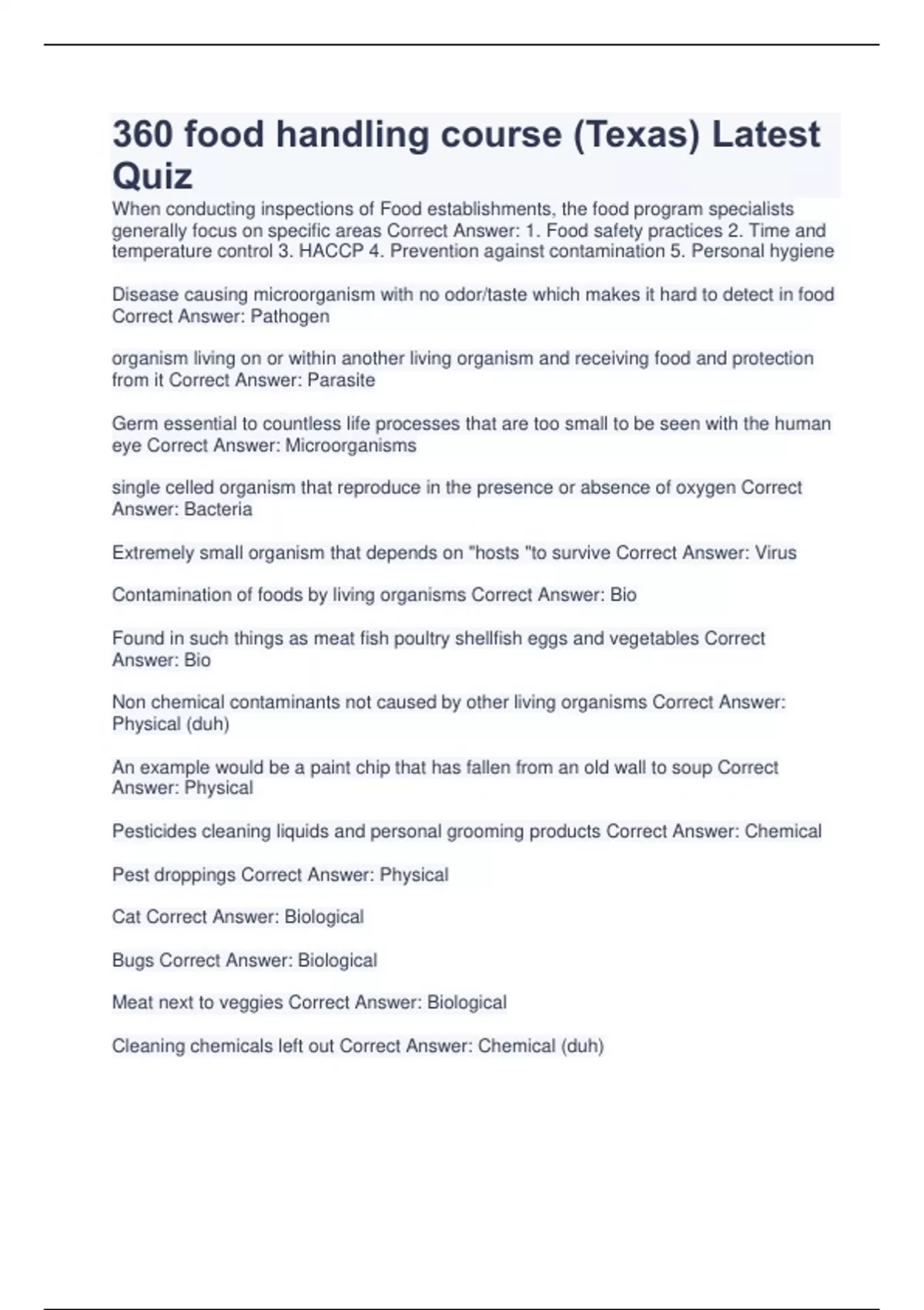 360 food handling course (Texas) Latest Quiz Questions And Answers ...