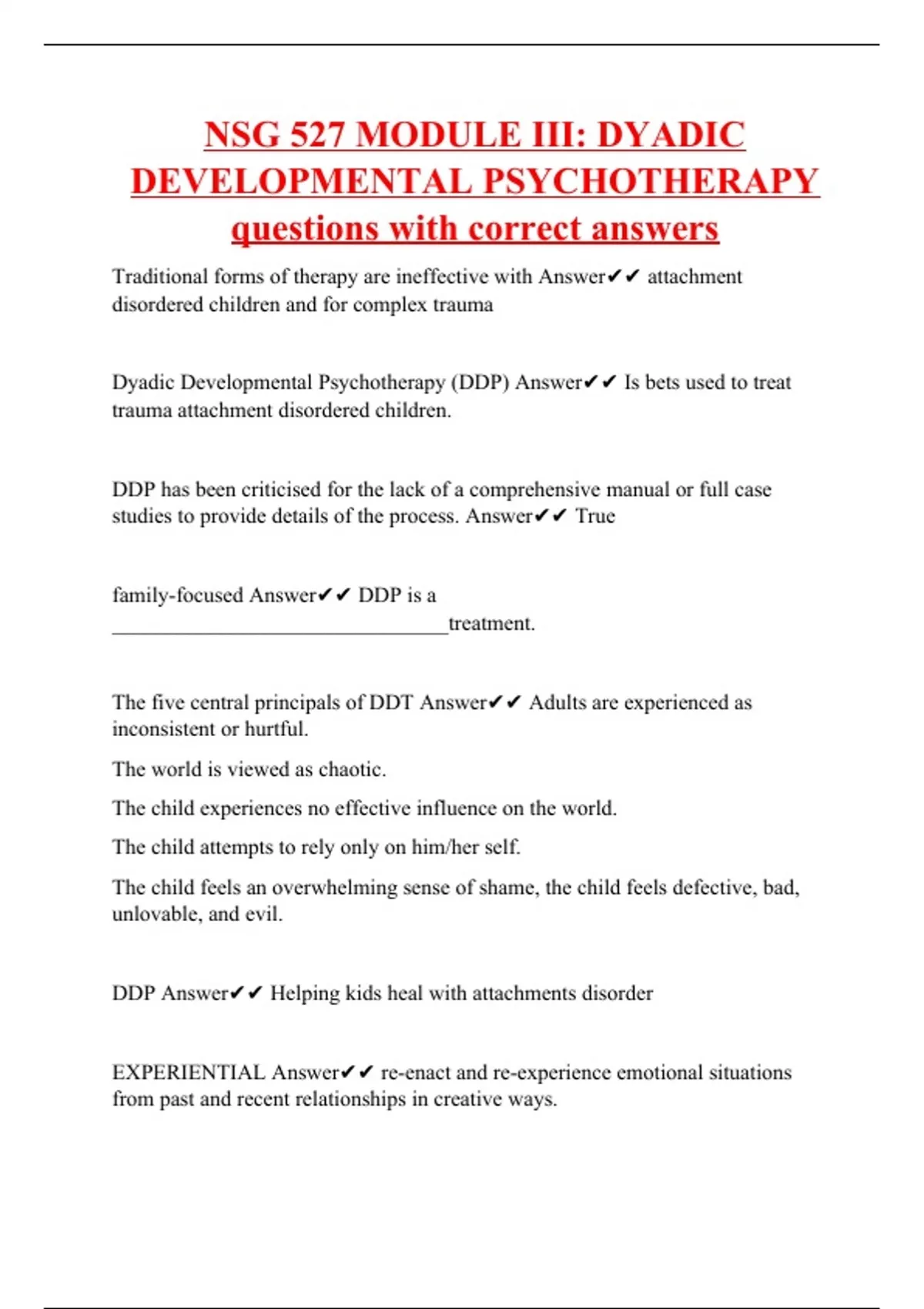 NSG 527 MODULE III: DYADIC DEVELOPMENTAL PSYCHOTHERAPY questions with ...