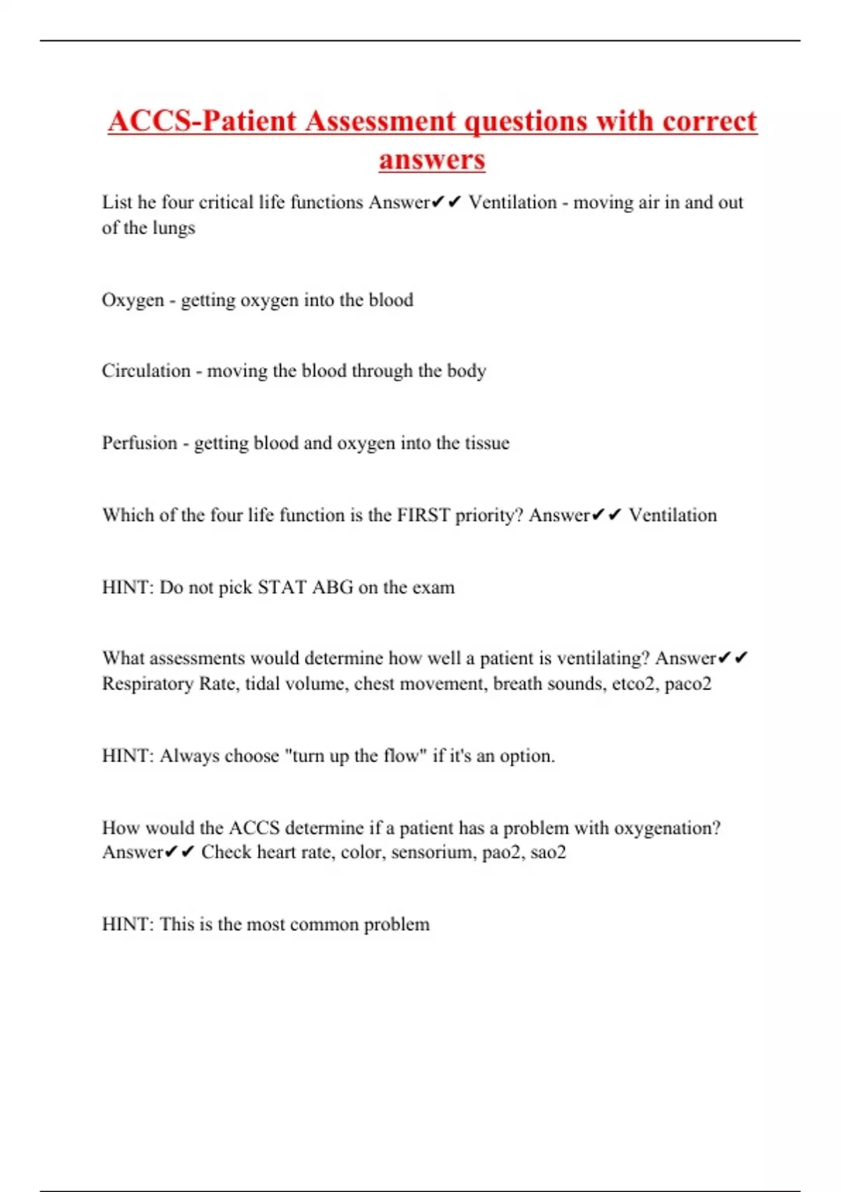 ACCS-Patient Assessment questions with correct answers - RRT-ACCS ...