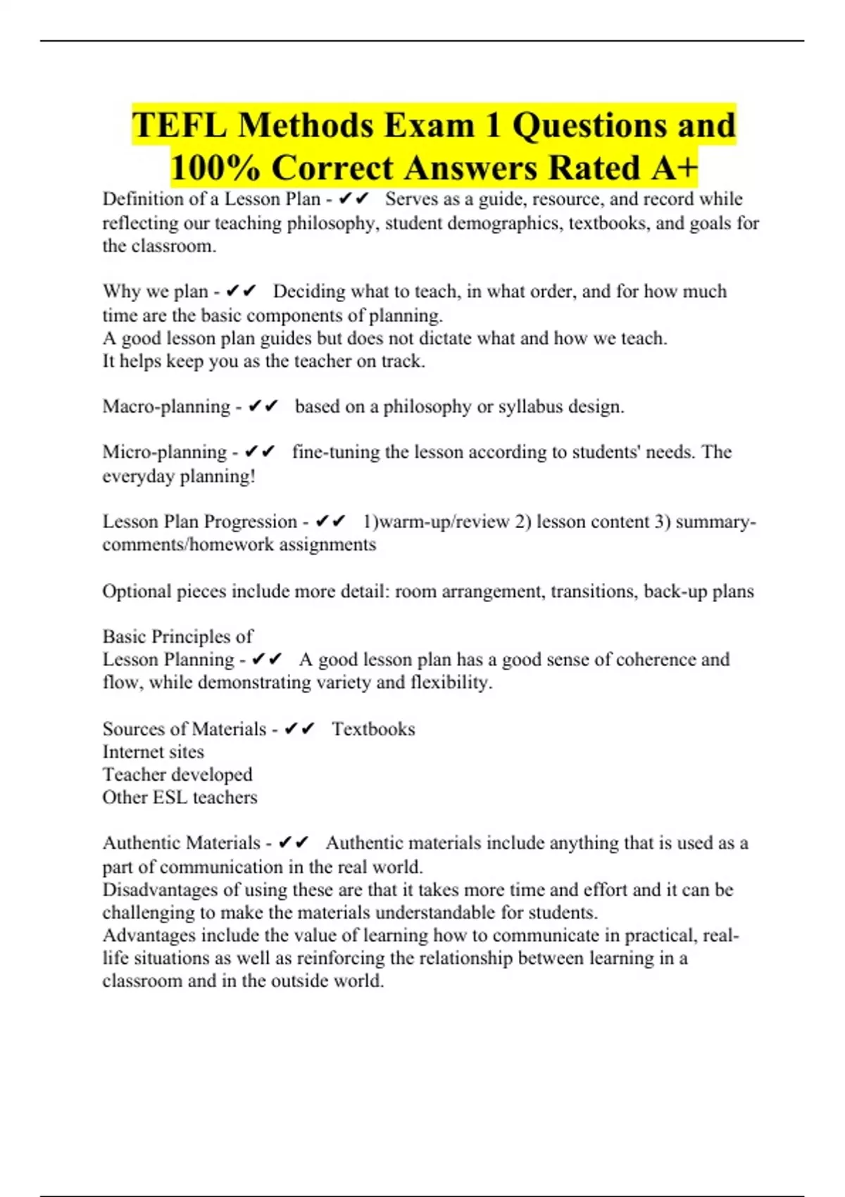 TEFL Methods Exam 1 Questions and 100% Correct Answers Rated A+ - TEFL - Stuvia US