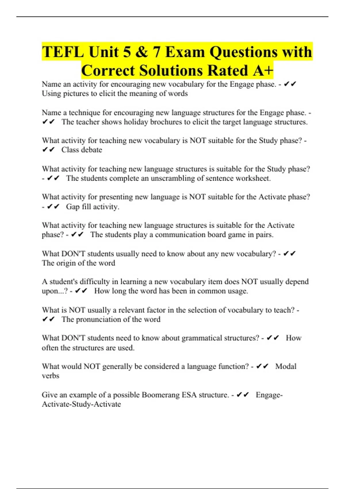 TEFL Unit 5 & 7 Exam Questions with Correct Solutions Rated A+ - TEFL Unit 5 & 7 - Stuvia US