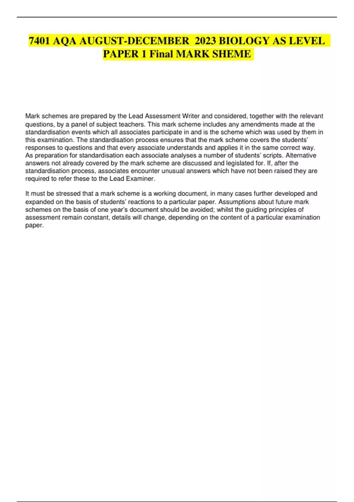 7401 AQA AUGUST-DECEMBER 2023 BIOLOGY AS LEVEL PAPER 1 Final MARK SHEME ...