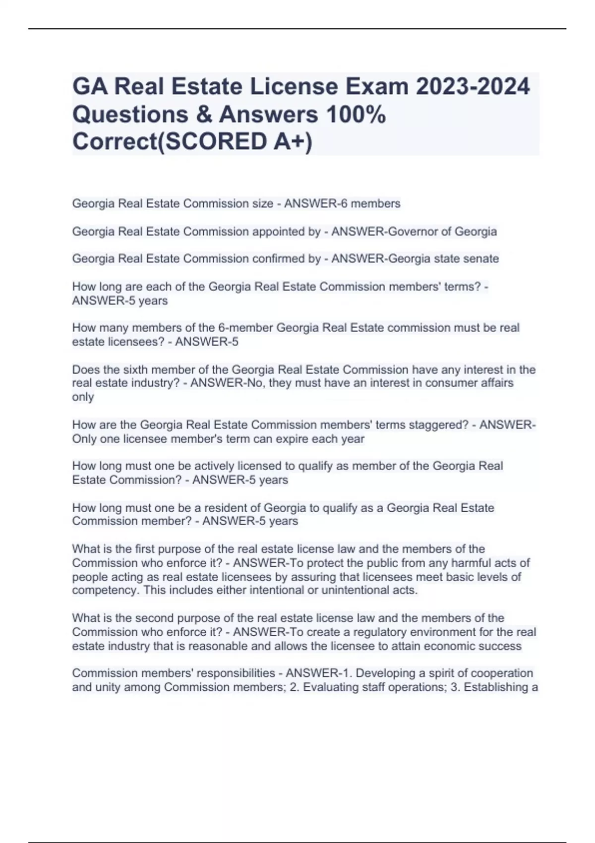 GA Real Estate License Exam Questions & Answers 100% Correct(SCORED A+ ...