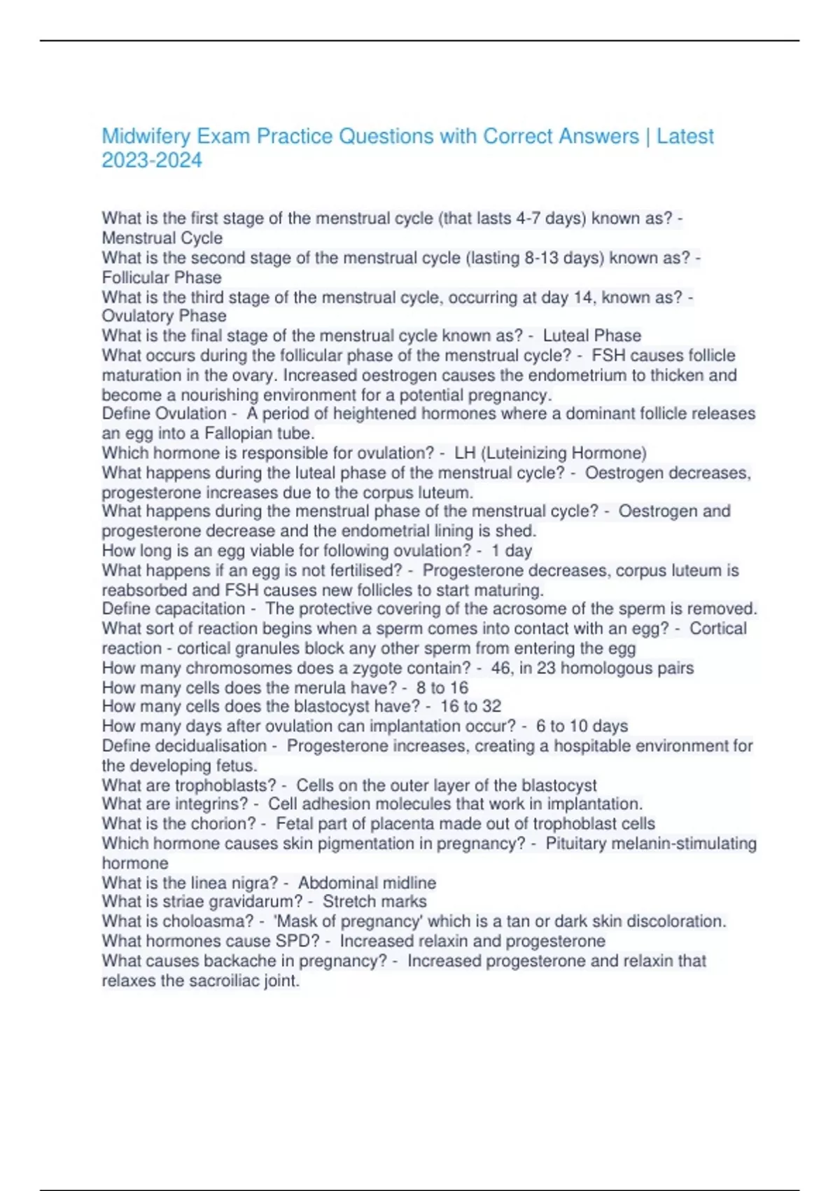 Midwifery Exam Practice Questions with Correct Answers | Latest ...