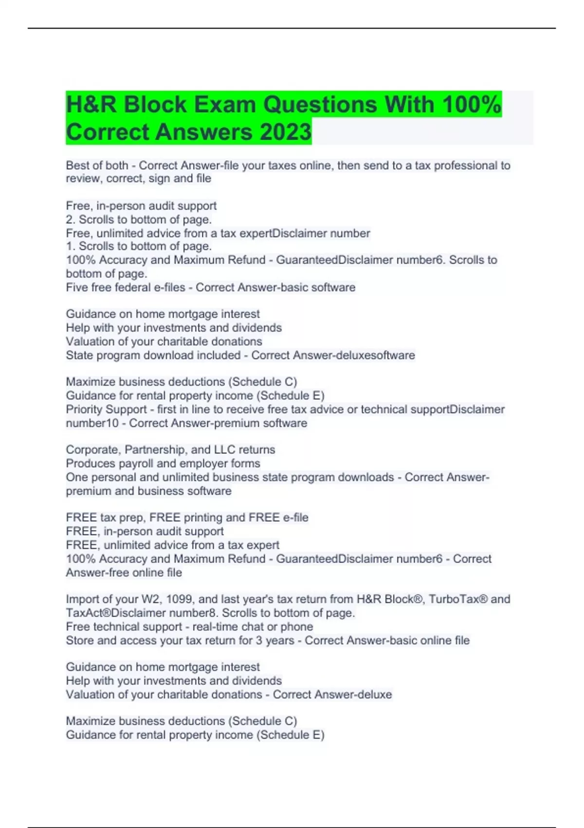 H&R Block Exam Questions With 100% Correct Answers 2023 - HR Block ...