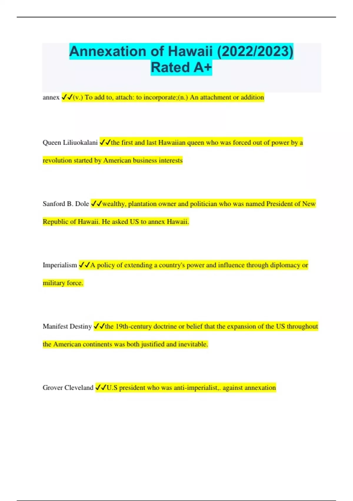 Annexation of Hawaii (Latest 2025/ 2026 Update) Questions and Verified ...