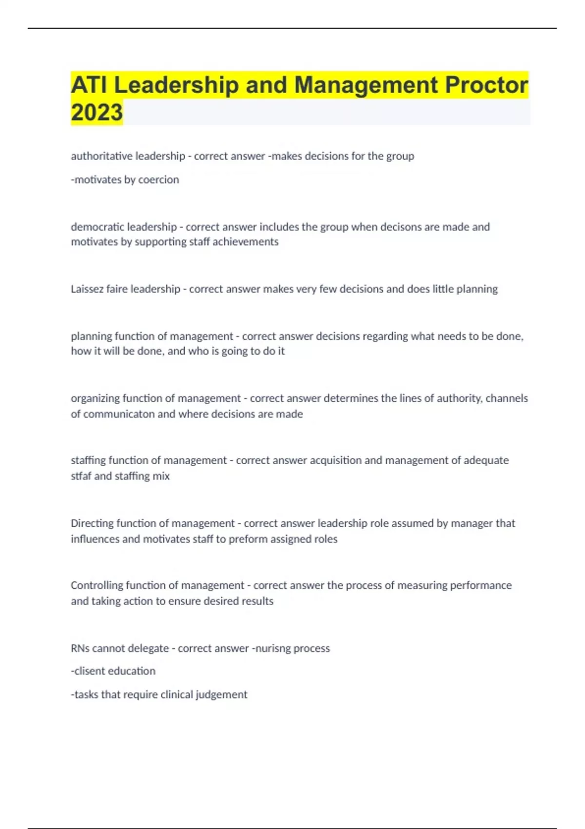 ATI Leadership and Management Proctor 2023 - ATI PN MANAGEMENT - Stuvia US