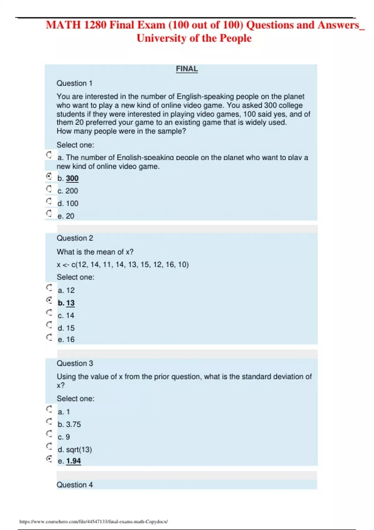 MATH 1280 Final Exam (100 out of 100) Questions and Answers_ University ...
