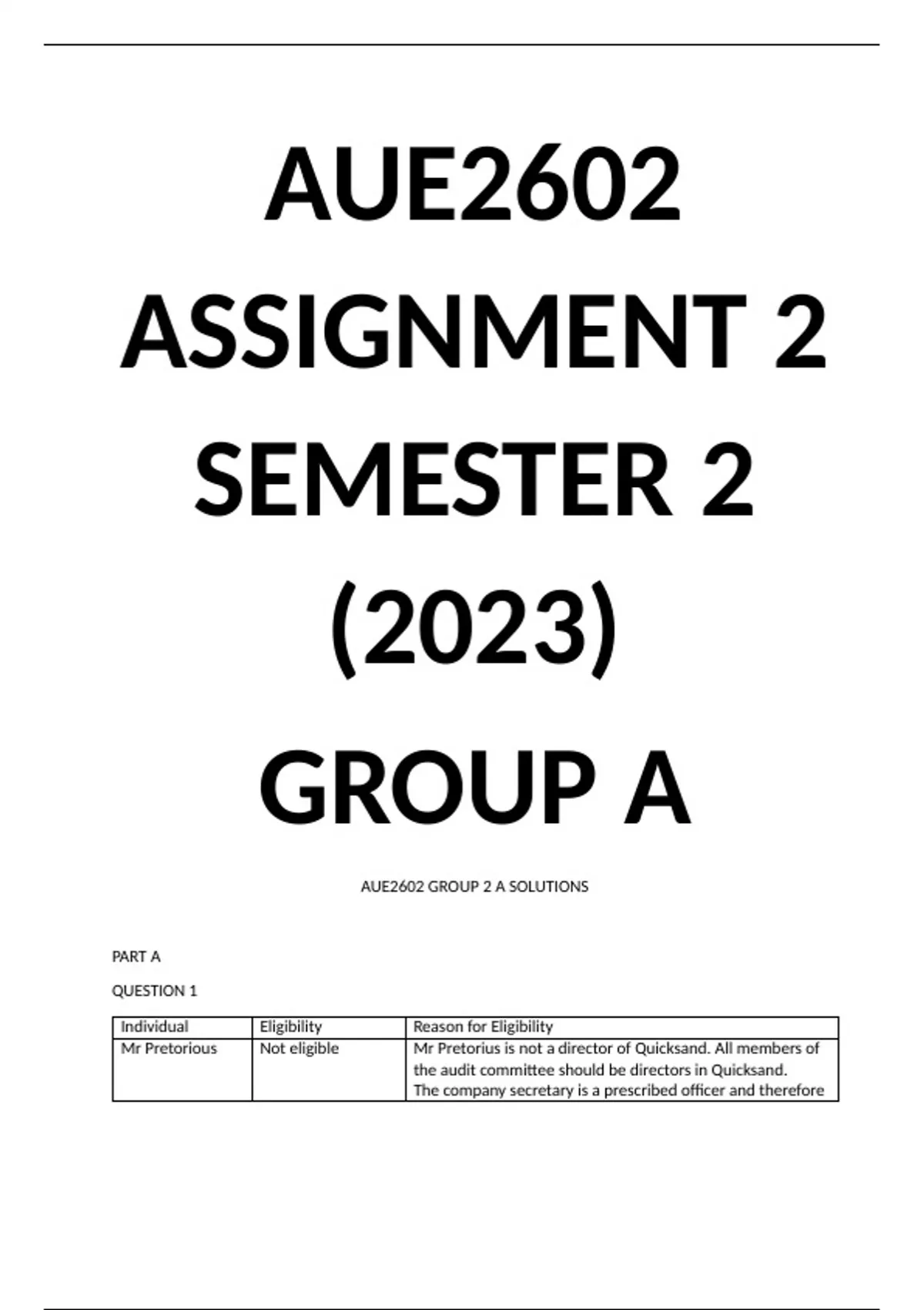 Aue2602 Assignment 2 Semester Group A (Quicksand Ltd) (2023 ...
