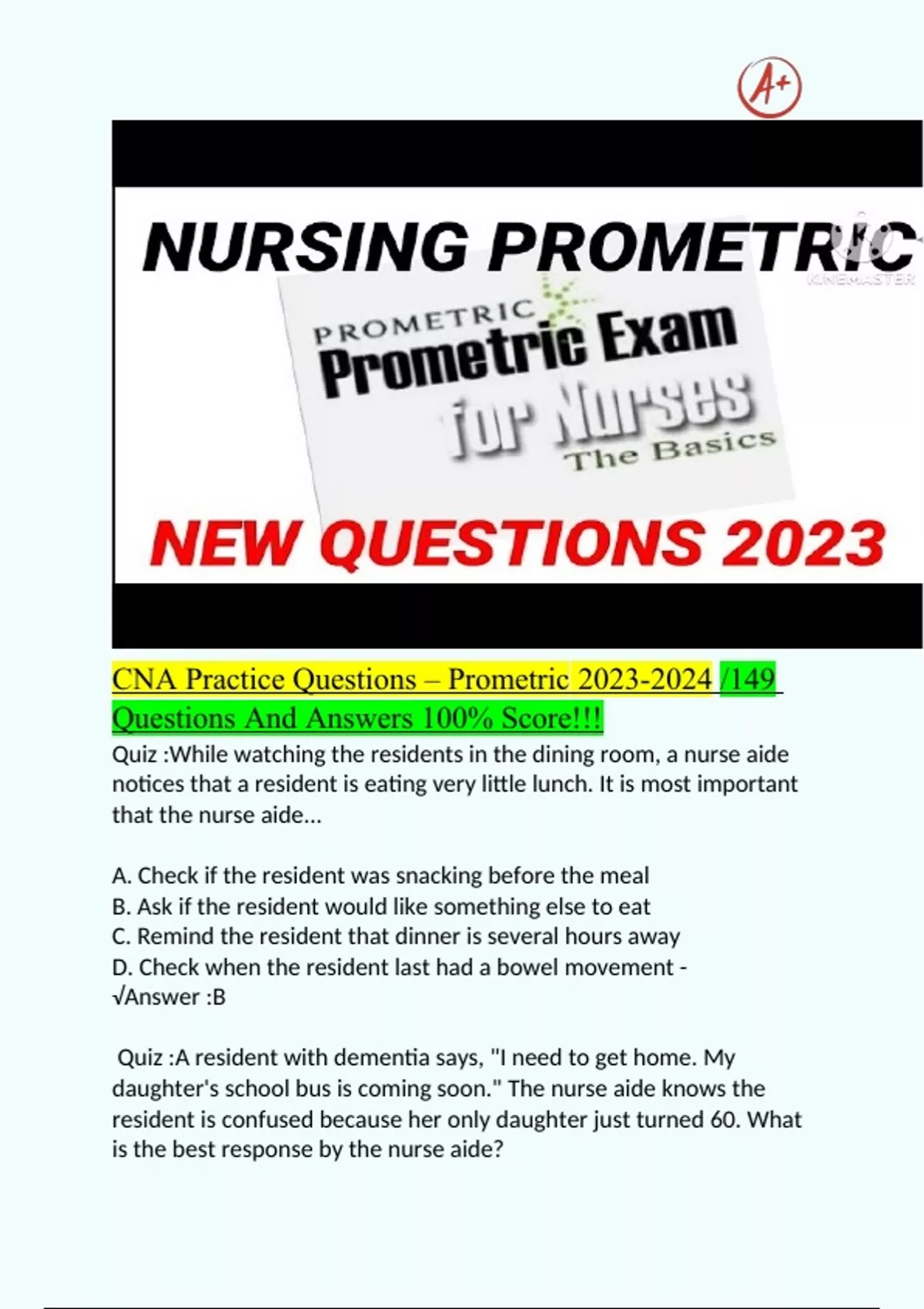 CNA Practice Questions – Prometric /149 Questions And Answers 100% ...