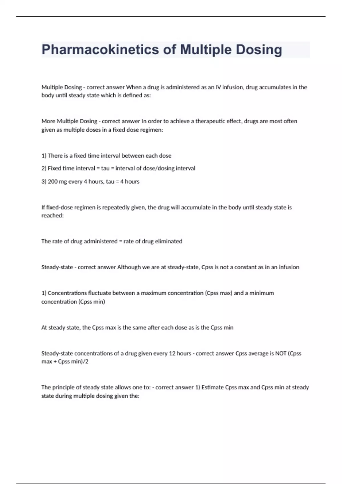 Pharmacokinetics of Multiple Dosing fully solved 2023 - CPSS - Stuvia US