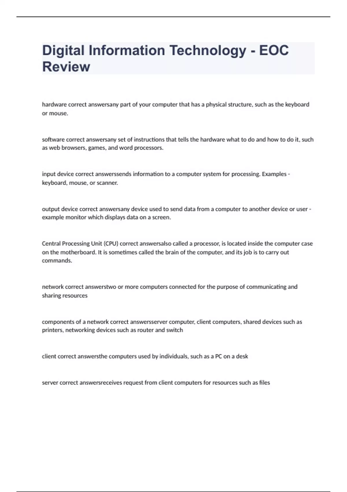 Digital Information Technology - EOC Review exam with correct answers ...