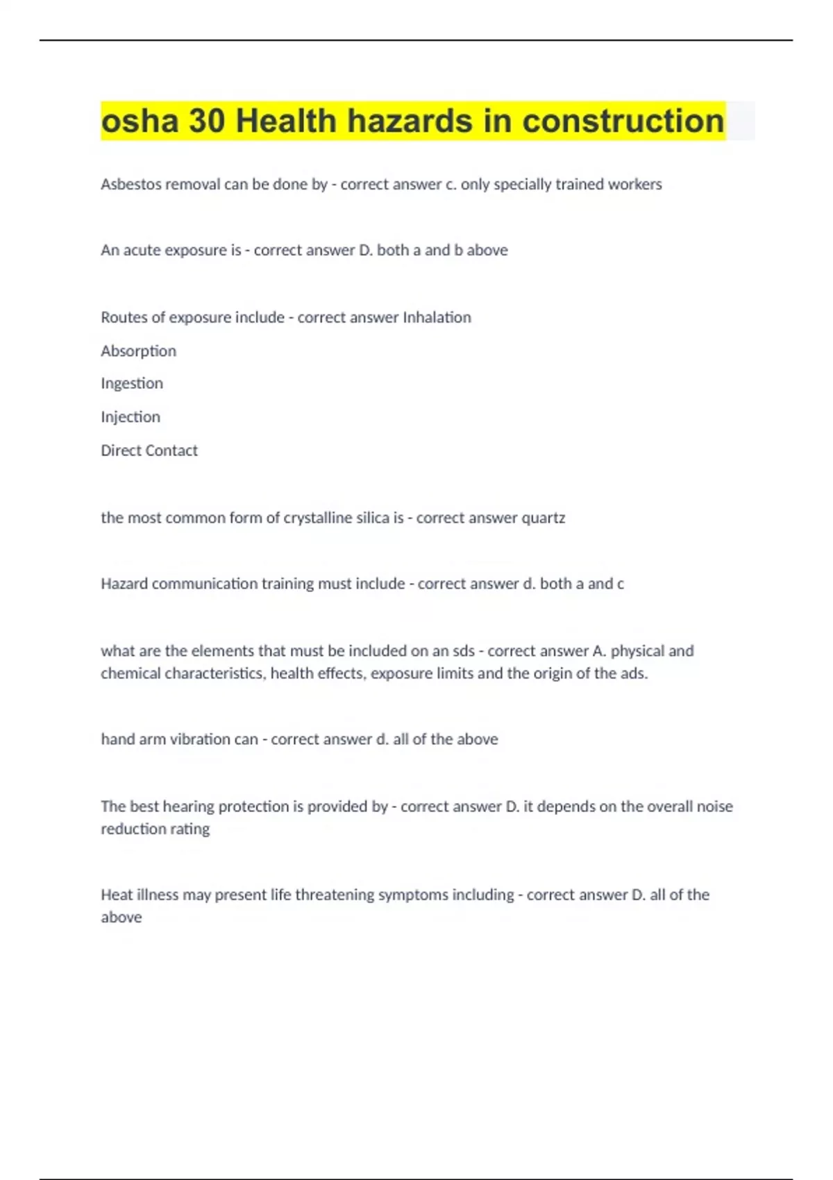 osha 30 Health hazards in construction - OSHA HEALTH HAZARDS - Stuvia US