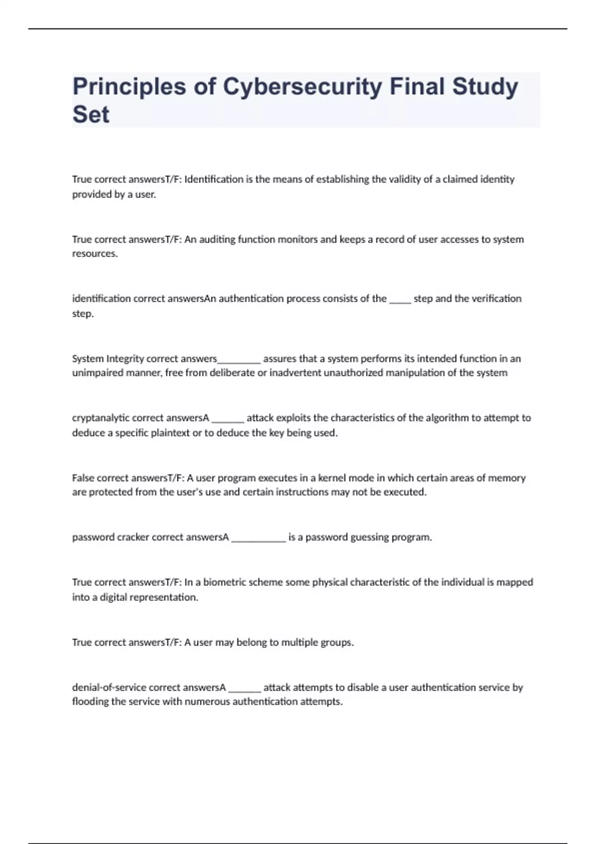 Principles of Cybersecurity Final Study Set 2023 with complete ...