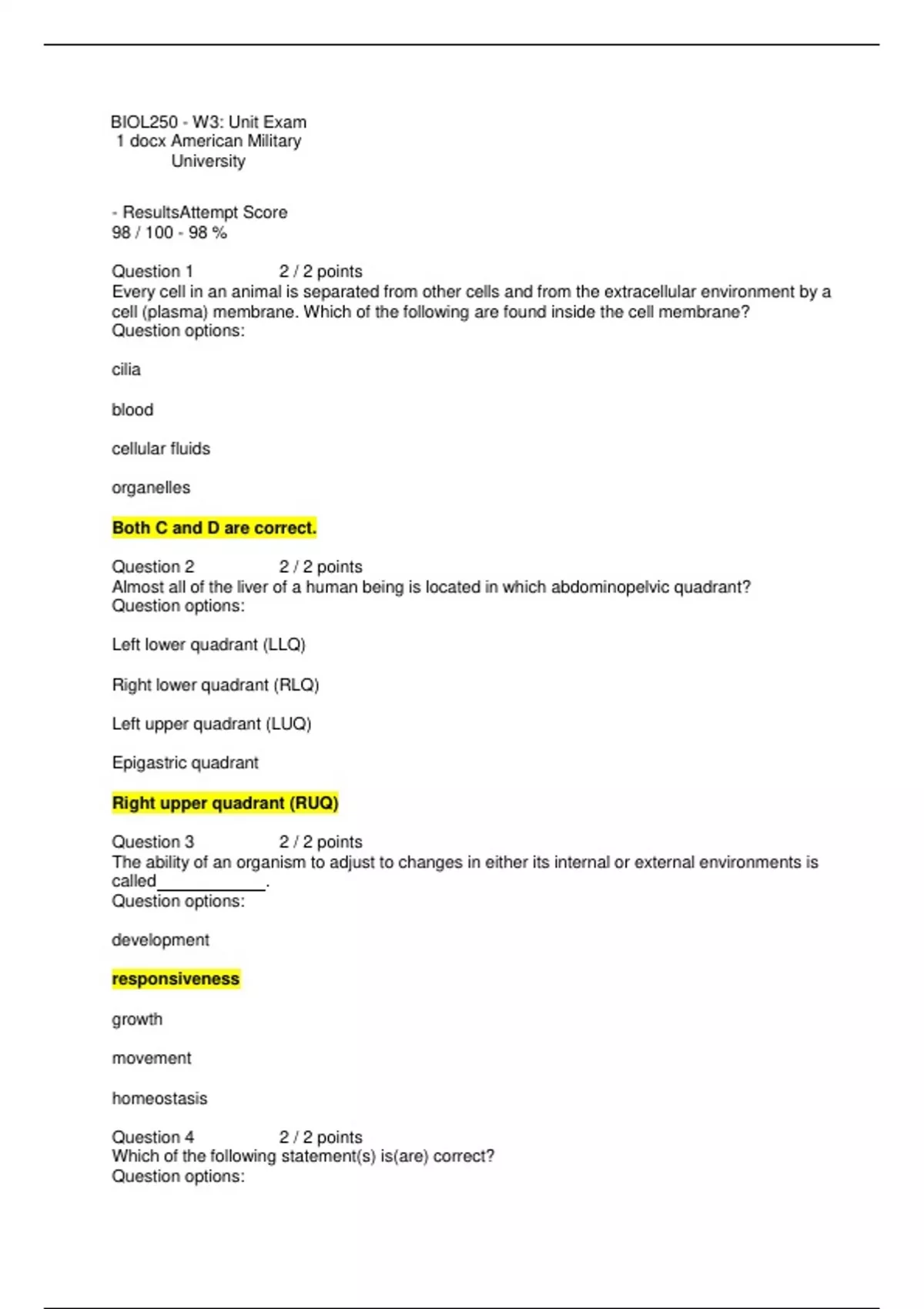 BIOL250 - W3 Unit Exam 1 docx American Military University - BIOL250 ...