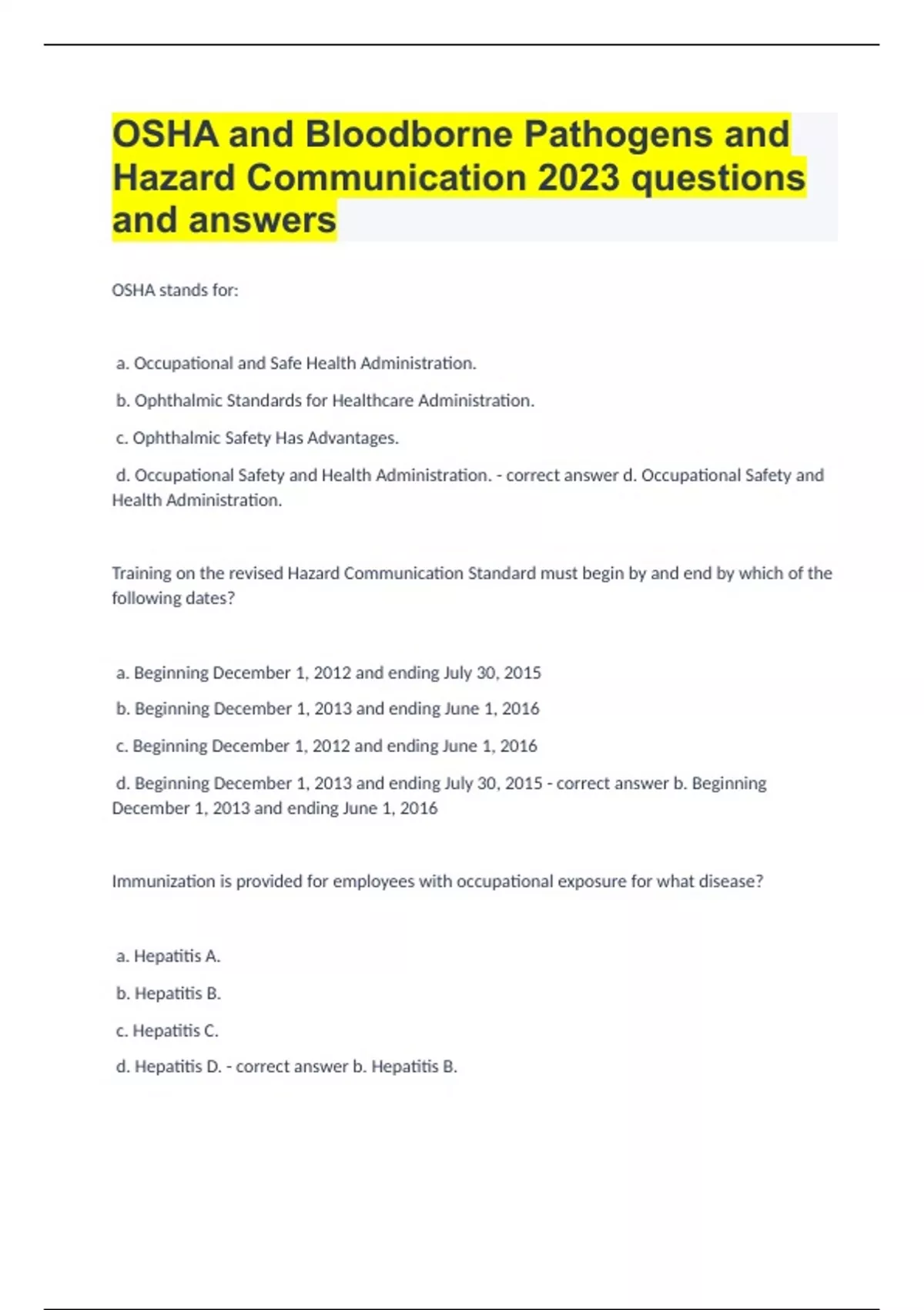 OSHA and Bloodborne Pathogens and Hazard Communication 2023 questions ...