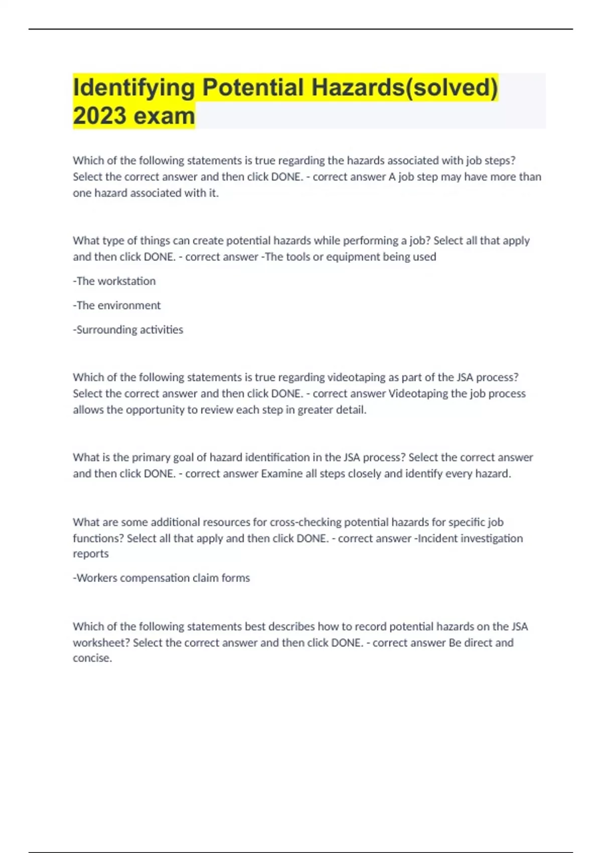 Identifying Potential Hazards(solved) 2023 exam - OSHA IDENTIFYING ...