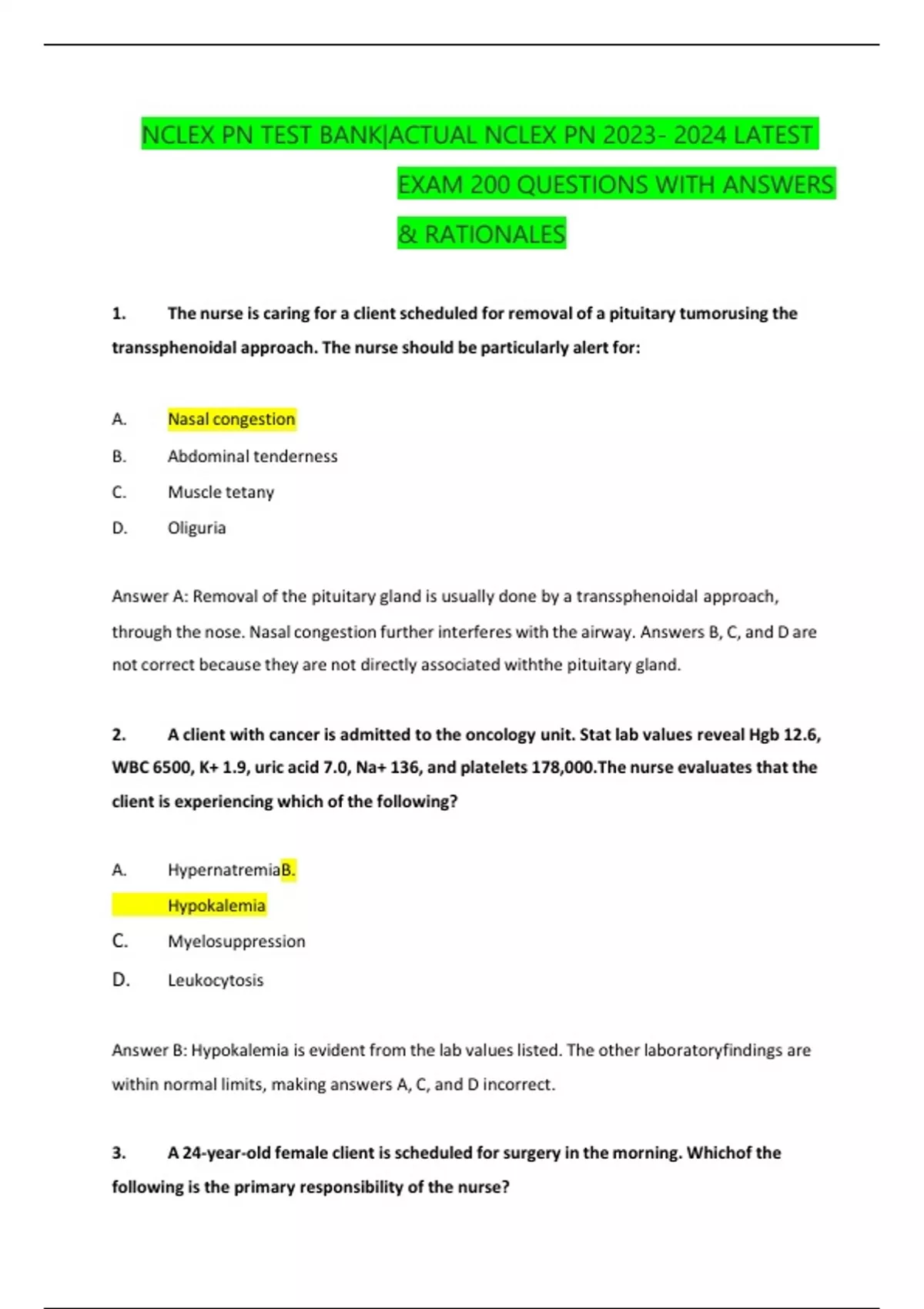 NCLEX PN TEST BANK|ACTUAL NCLEX PN LATEST EXAM 200 QUESTIONS WITH ...