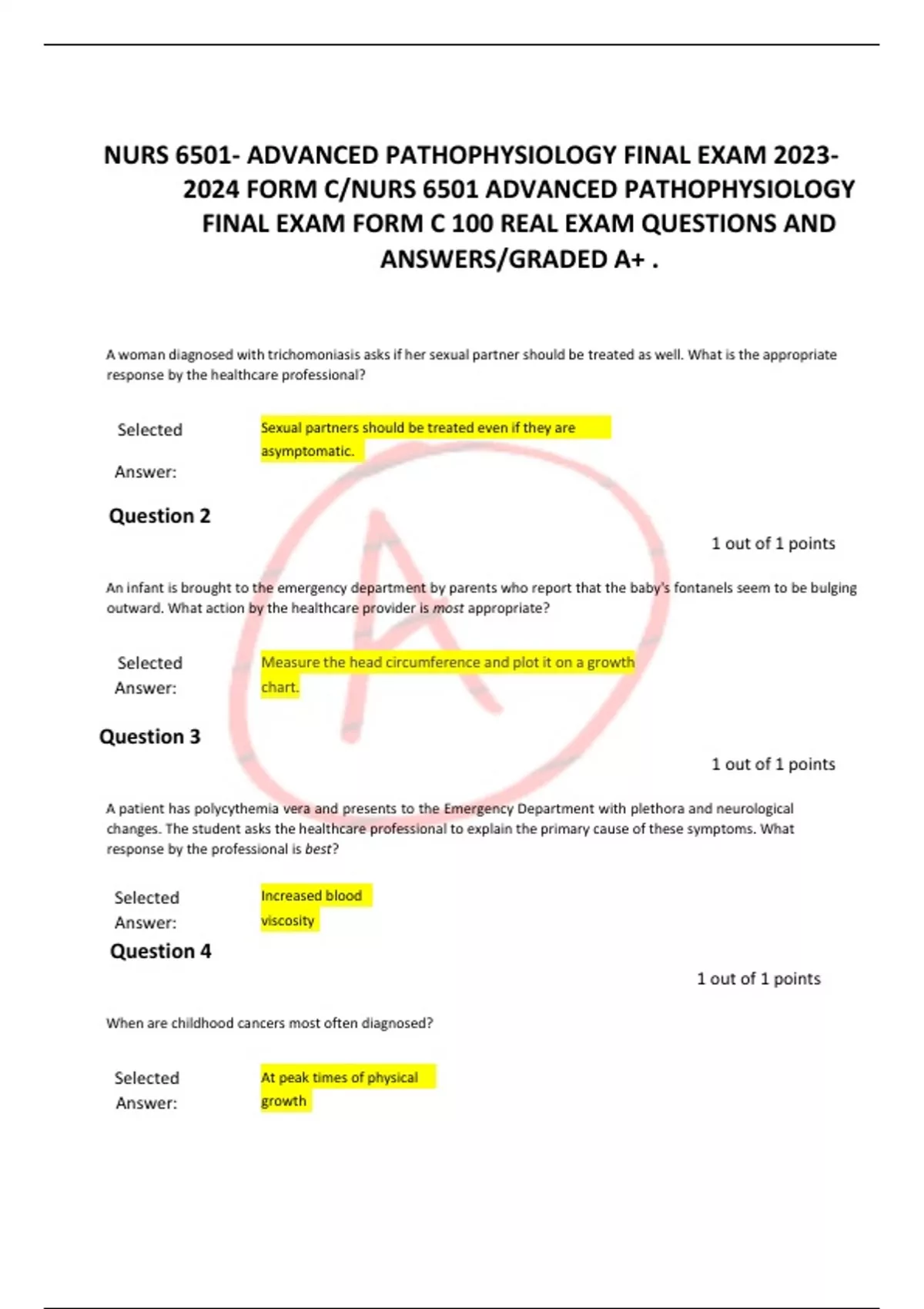 NURS 6501- ADVANCED PATHOPHYSIOLOGY FINAL EXAM FORM C/NURS 6501 ...