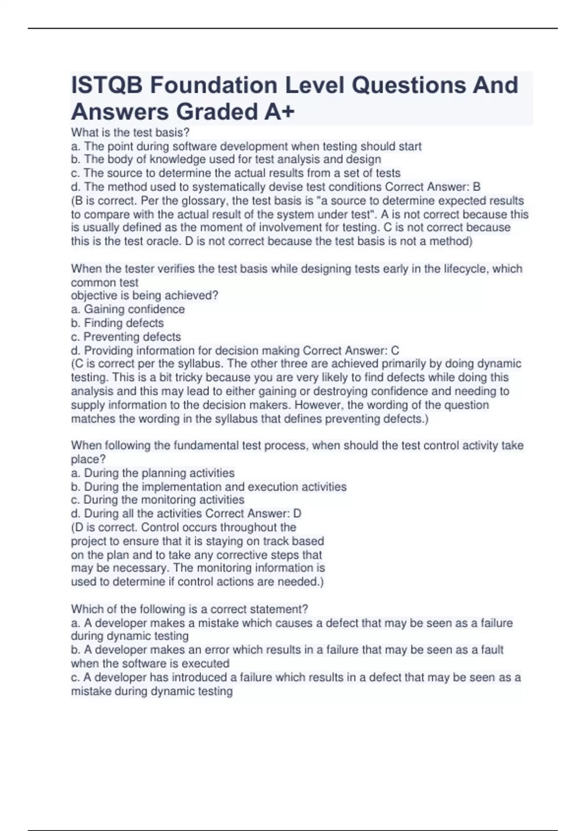 Istqb Foundation Level Complete Questions And Answers 2023 Istqb Foundation Level Stuvia Us