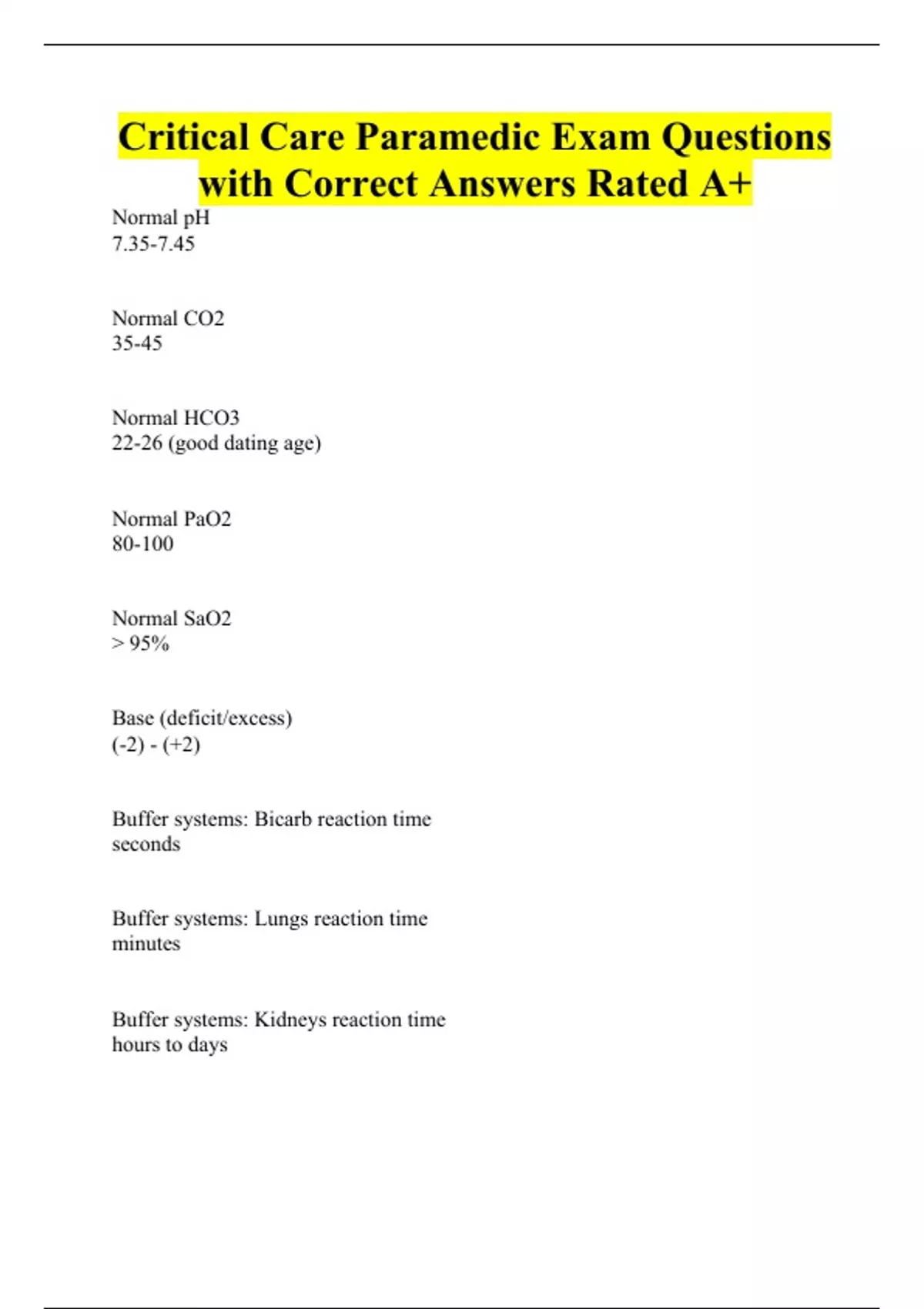 Critical Care Paramedic Exam Questions with Correct Answers Rated A+ ...