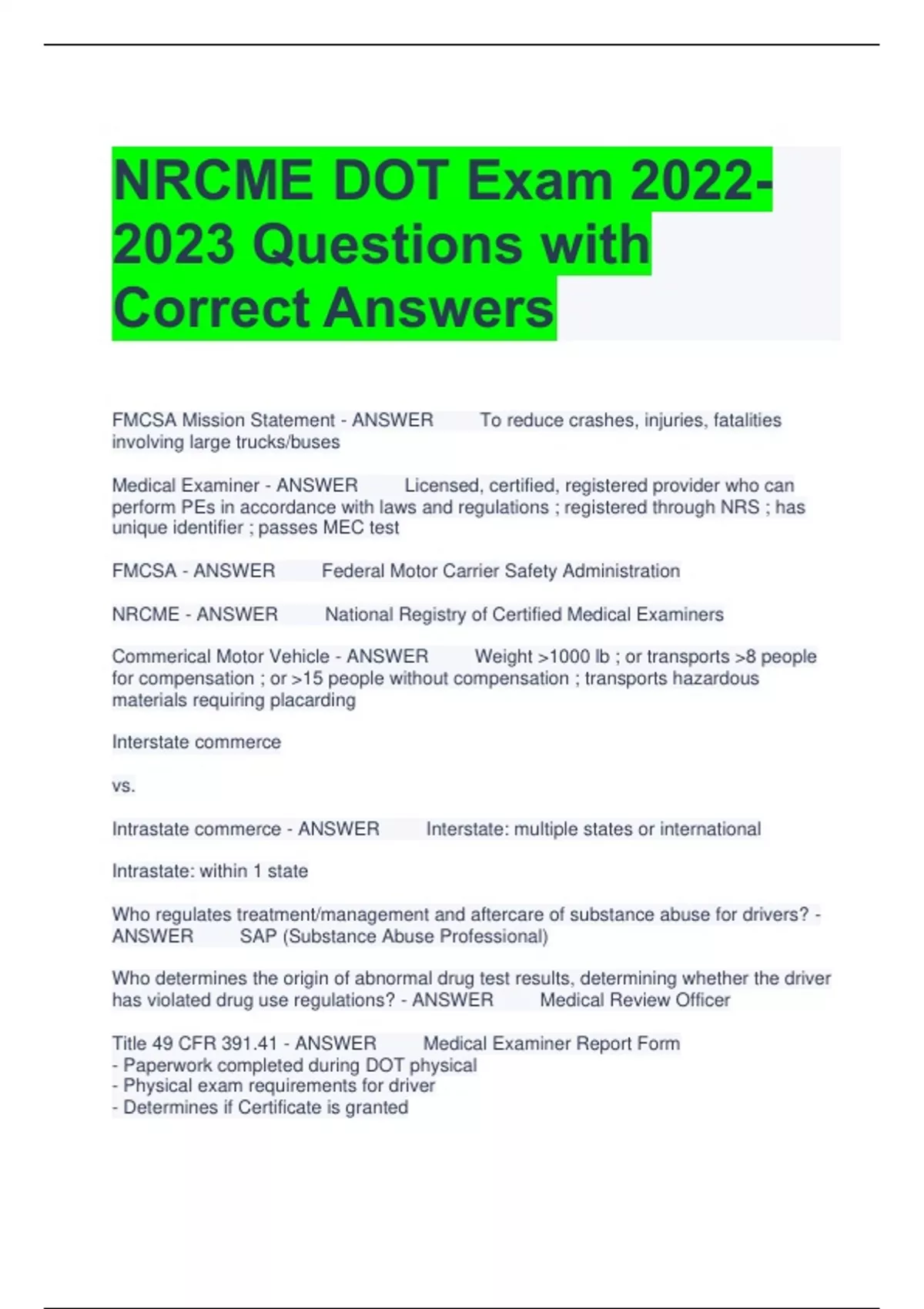 NRCME DOT Exam Questions with Correct Answers - NRCME - Stuvia US