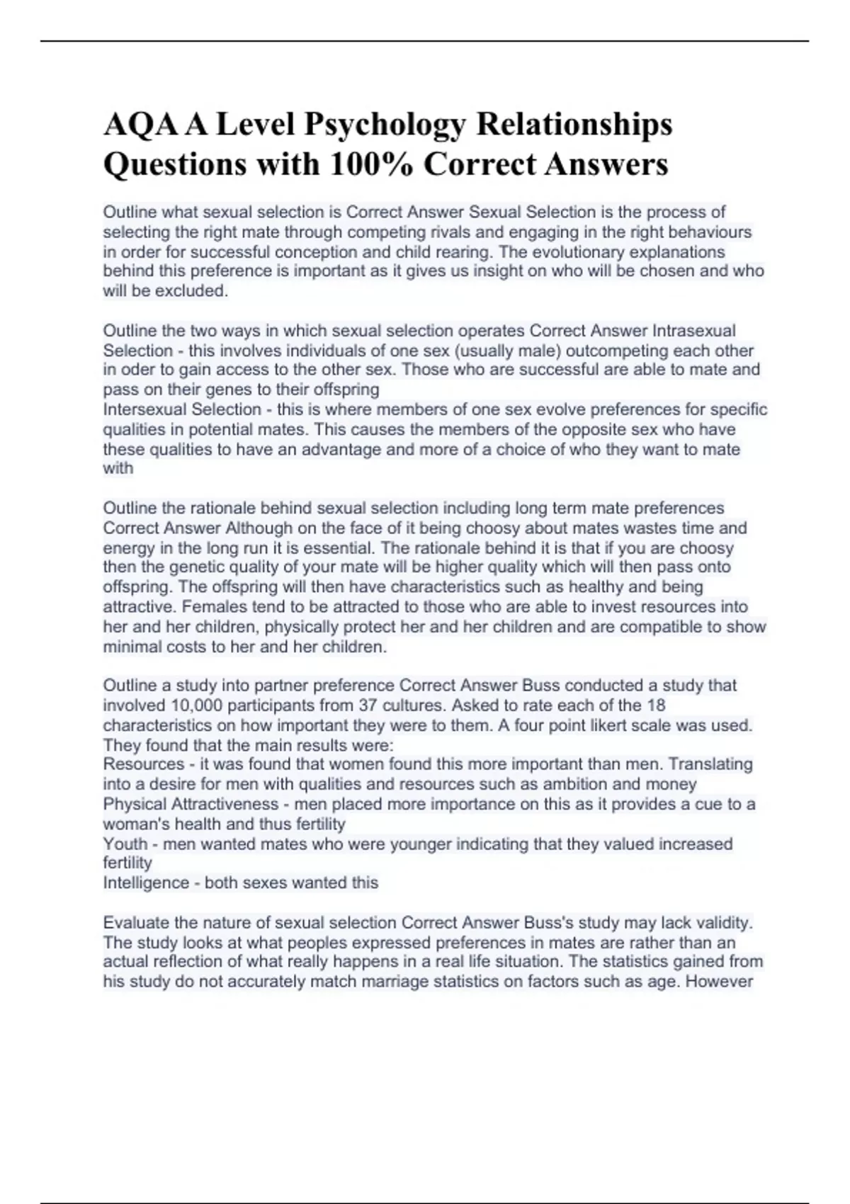 AQA A Level Psychology Relationships Questions with 100% Correct ...