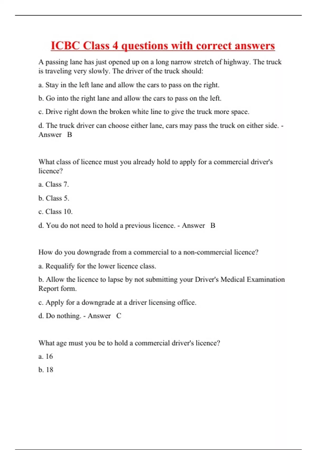 ICBC Class 4 questions with correct answers - ICBC - Stuvia US