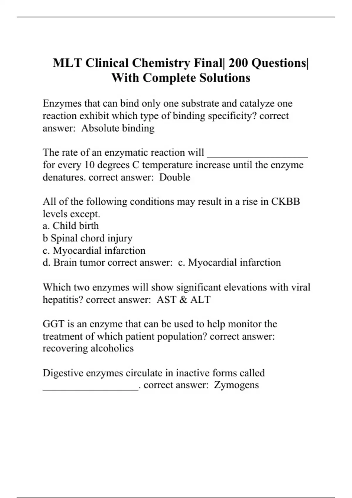 MLT Clinical Chemistry Final| 200 Questions| With Complete Solutions ...