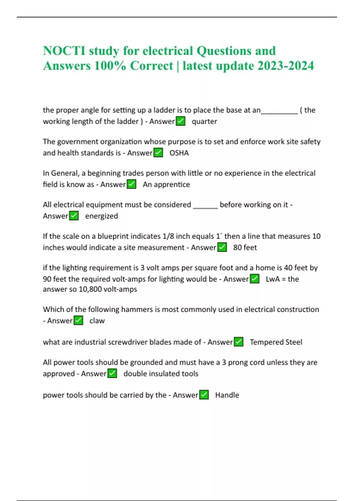 NOCTI study for electrical Questions and Answers 100% Correct | latest ...