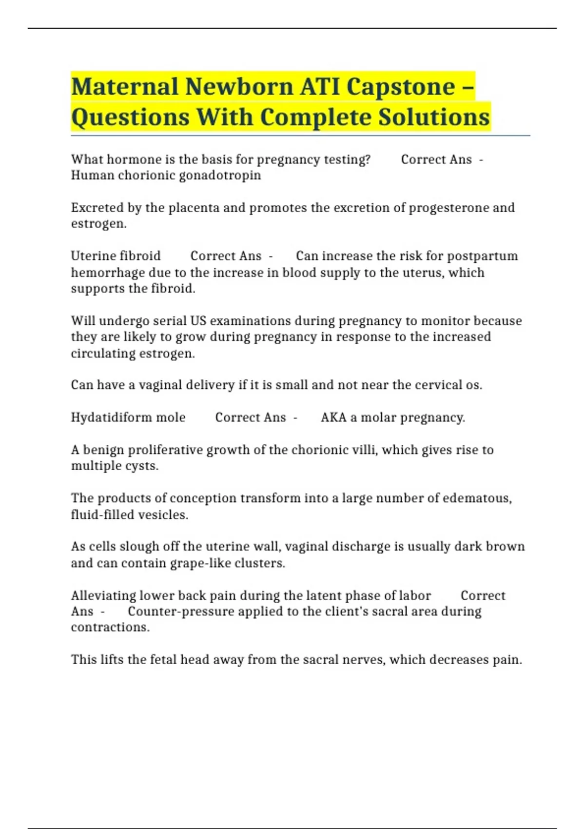 Maternal Newborn ATI Capstone –Questions With Complete Solutions - ATI Capstone Maternal Newborn ...