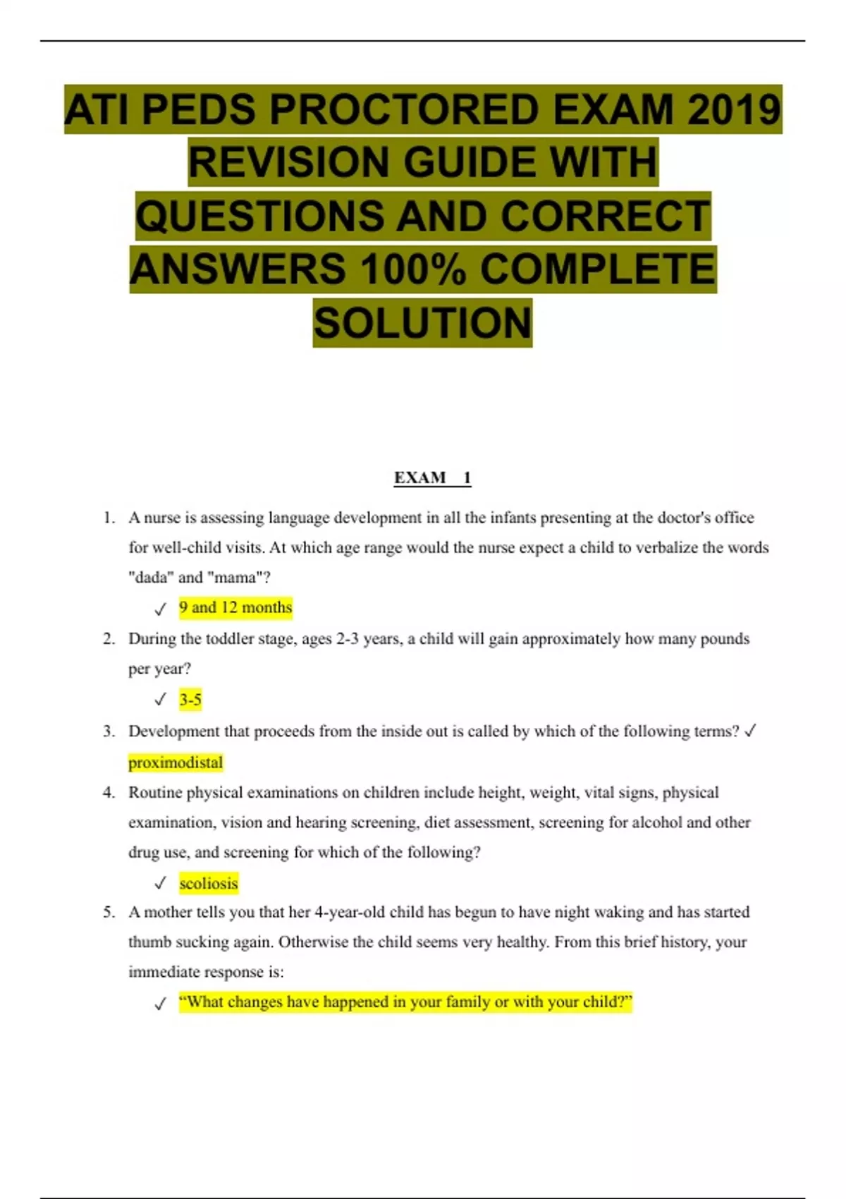ATI PEDS PROCTORED EXAM 2019 REVISION GUIDE WITH QUESTIONS AND CORRECT ANSWERS 100% COMPLETE ...