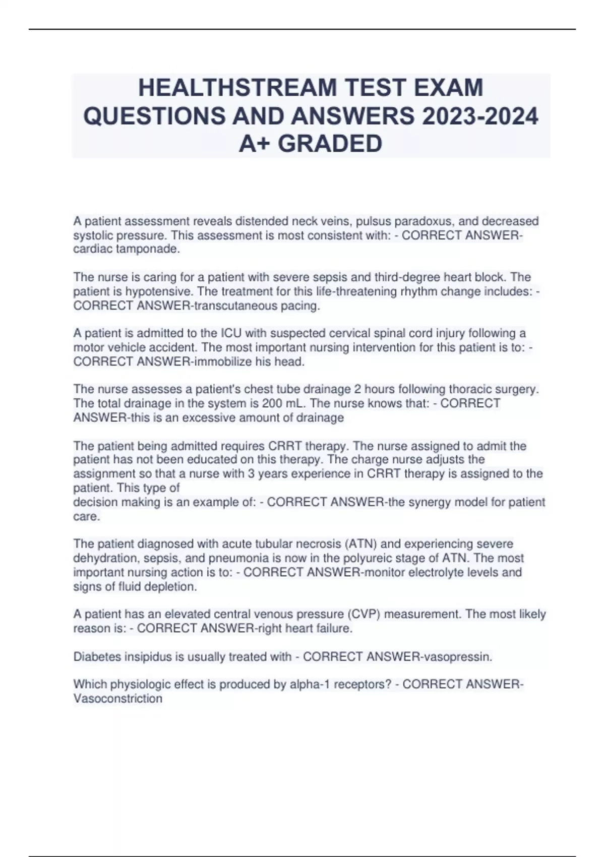 HEALTHSTREAM TEST EXAM QUESTIONS AND ANSWERS A+ GRADED - Healthstream ...