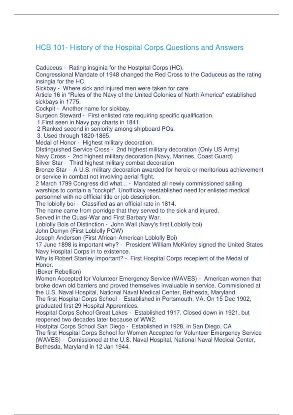 HCB 101- History of the Hospital Corps Questions and Answers - HCB ...