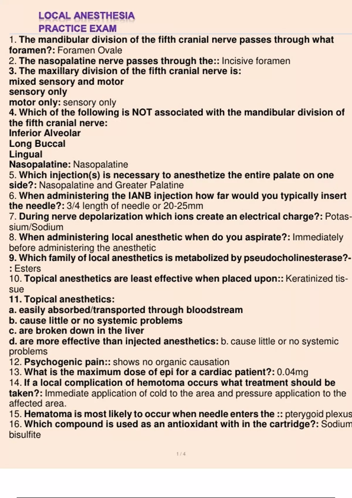 Local Anesthesia Practice Exam 1. The mandibular division of the fifth ...