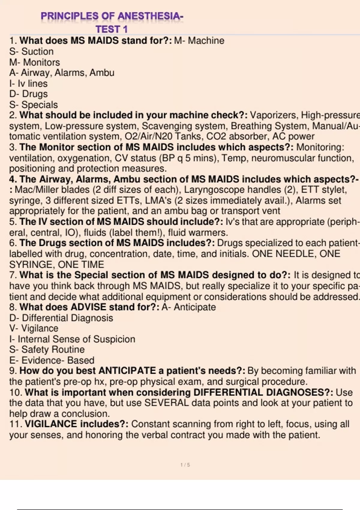 Principles of Anesthesia- Test 1 1. What does MS MAIDS stand for?: M ...