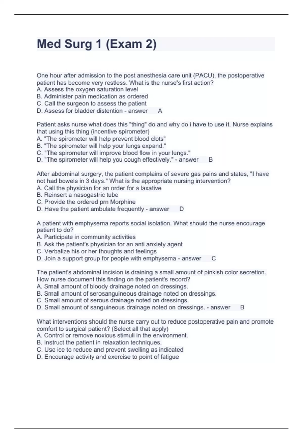 Med Surg 1 Question with correct Answers 2023 - Med surge hesi - Stuvia NL