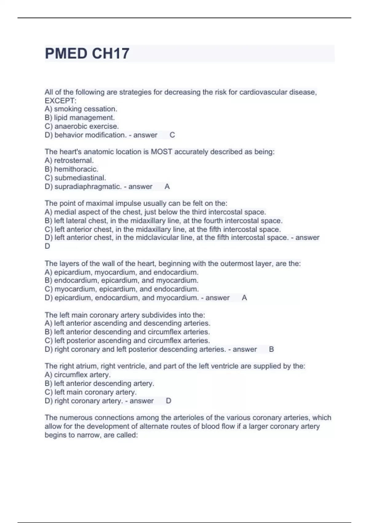 PMED CH17 Questions with correct Answers 100% correct - Pmed - Stuvia US