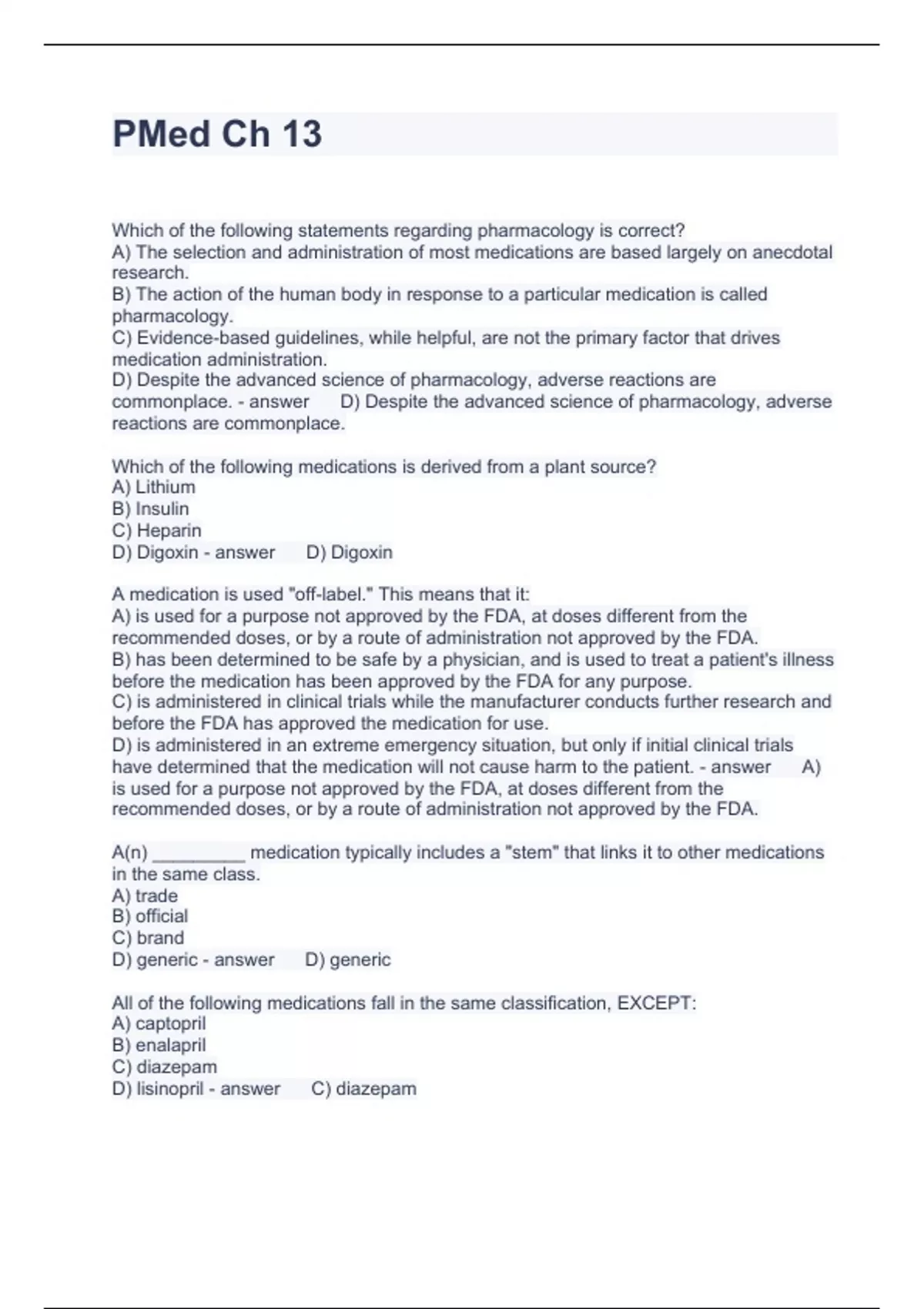 PMed Ch 13 Questions with correct Answers 2023 - Pmed - Stuvia US