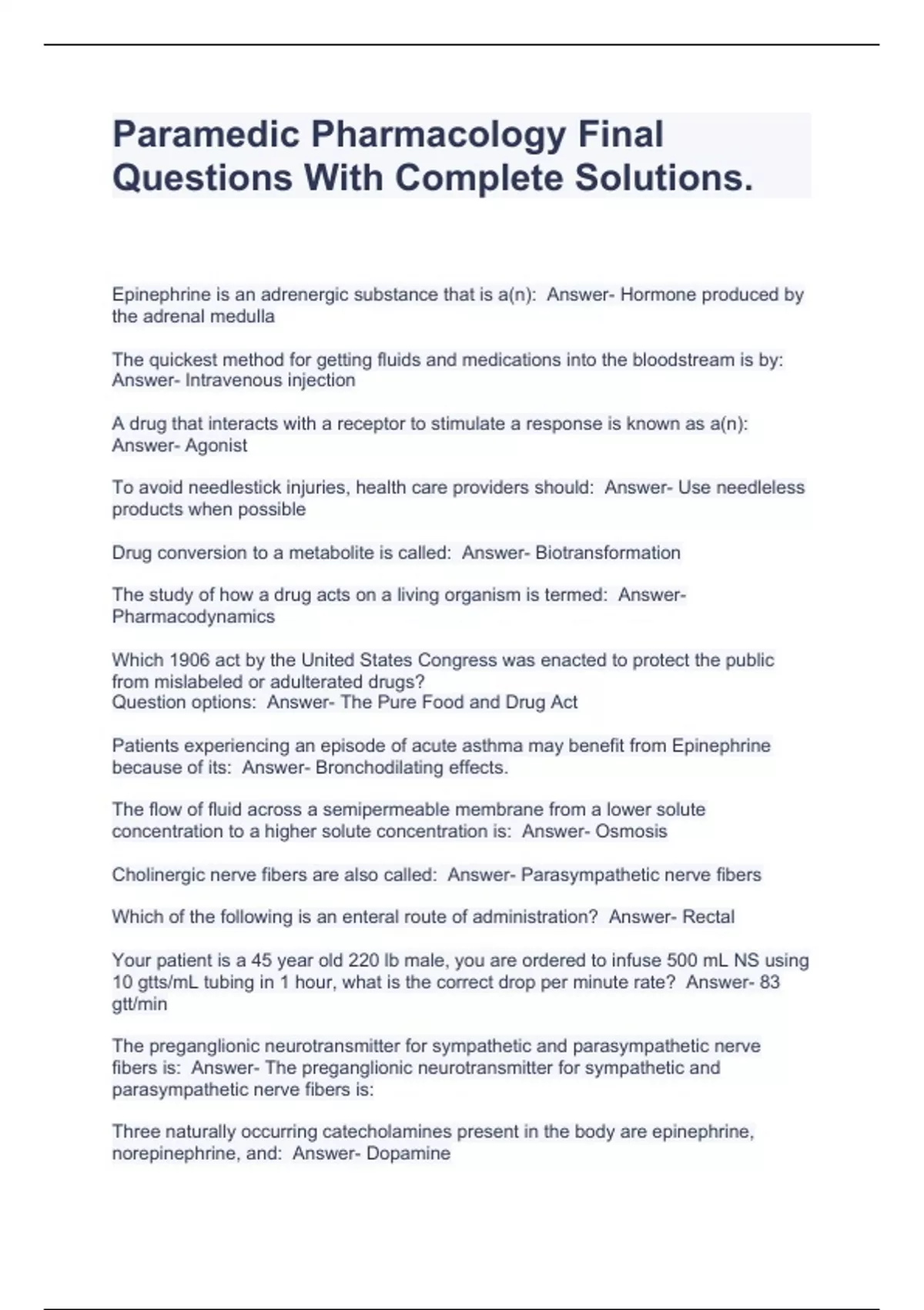 Paramedic Pharmacology Final Questions With Complete Solutions ...