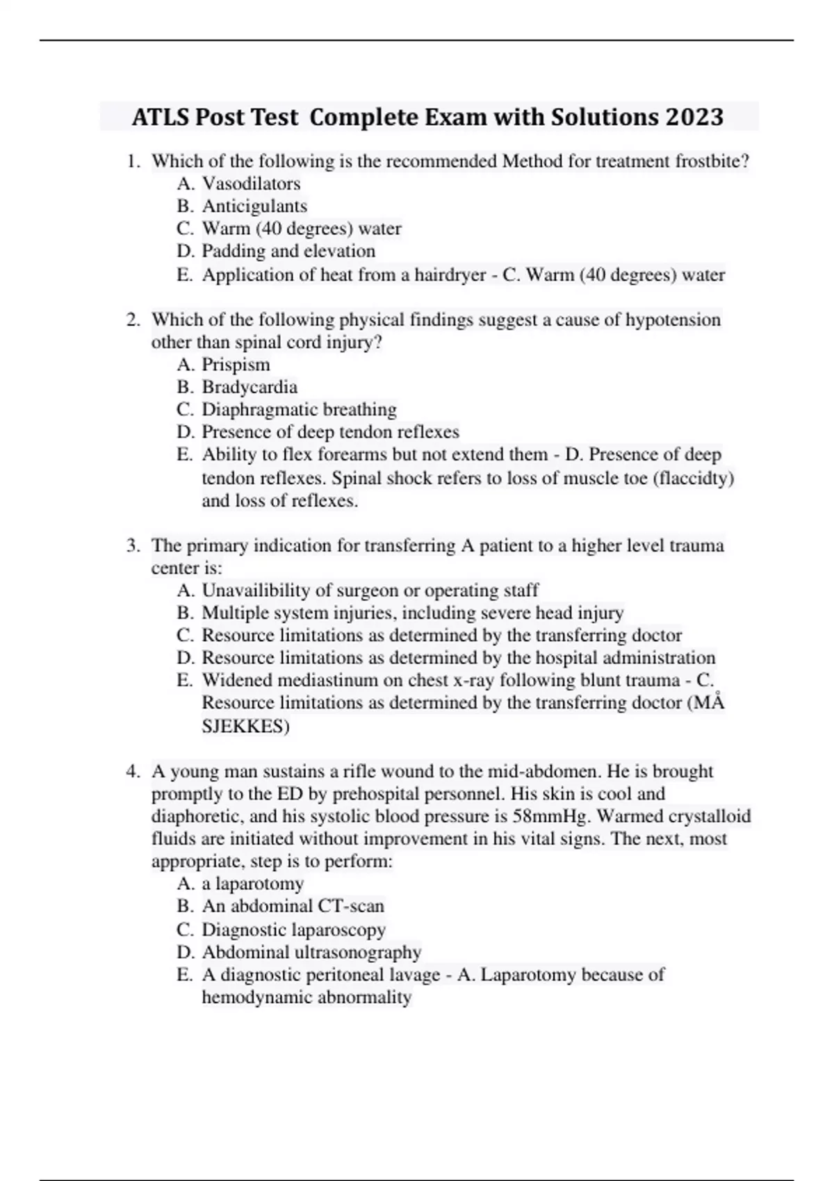 ATLS Post Test Complete Exam With Solutions 2023 Advanced Life ATLS Post Test Complete Exam With Solutions 2023 Advanced Life