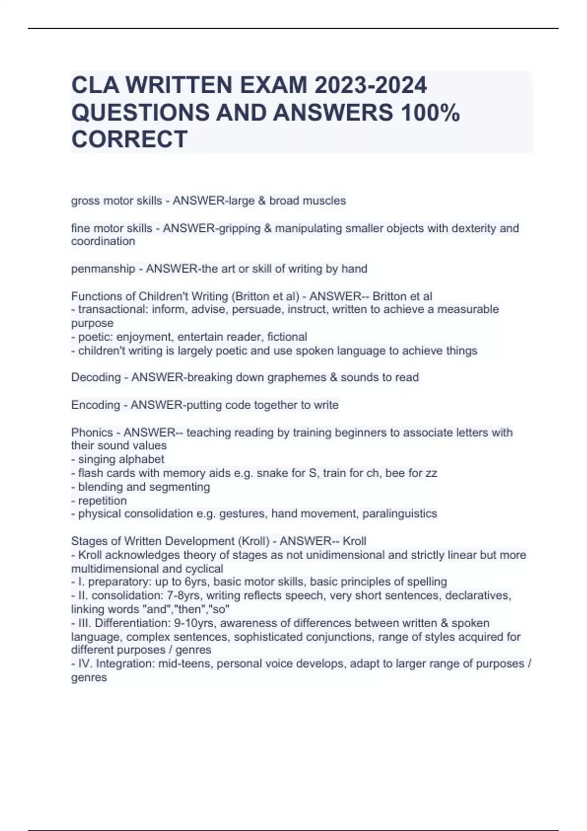 CLA WRITTEN EXAM QUESTIONS AND ANSWERS 100% CORRECT - CLA - Certified ...
