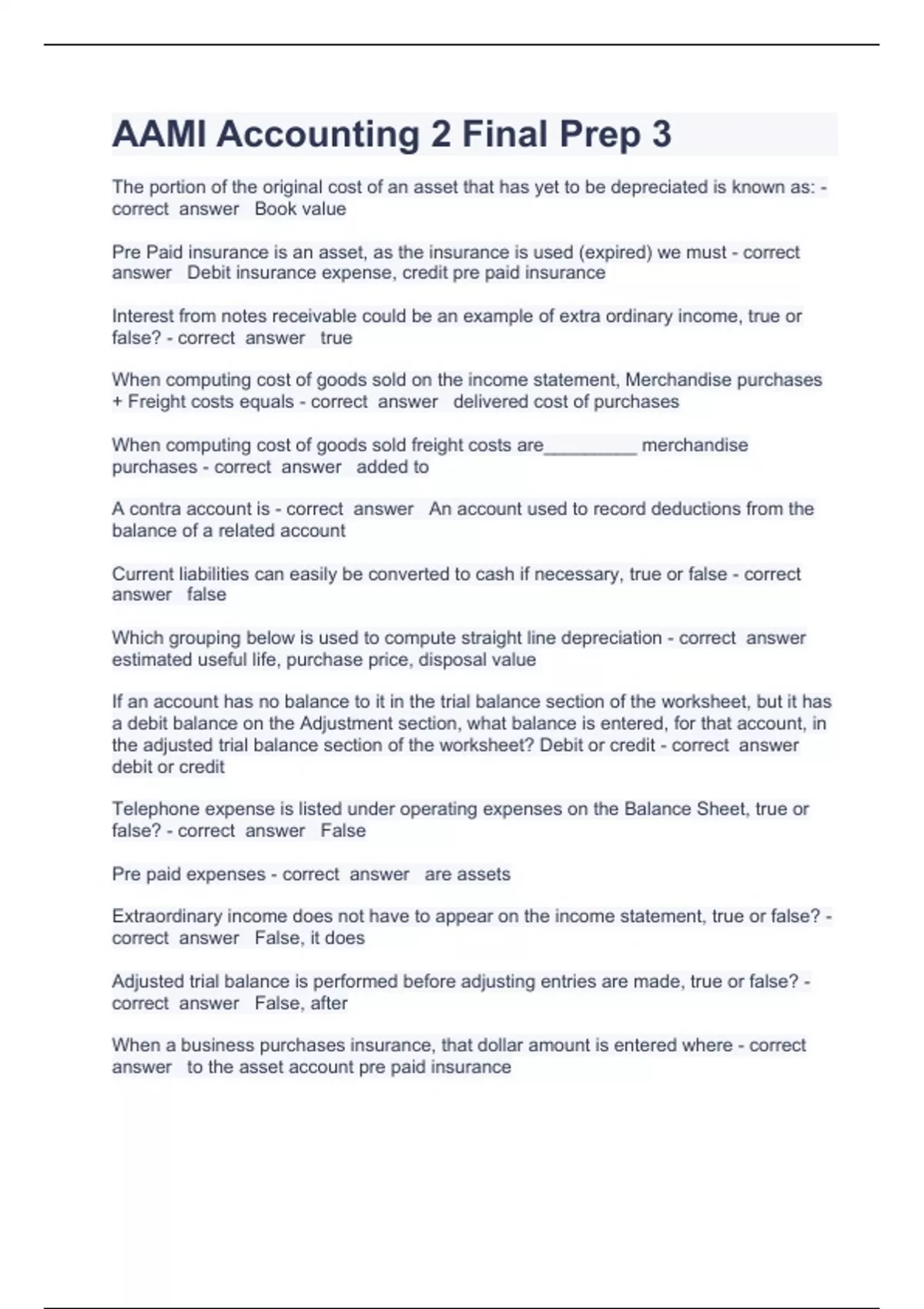 AAMI Accounting 2 Final Prep 3 Question and answers 100% correct 2023 ...