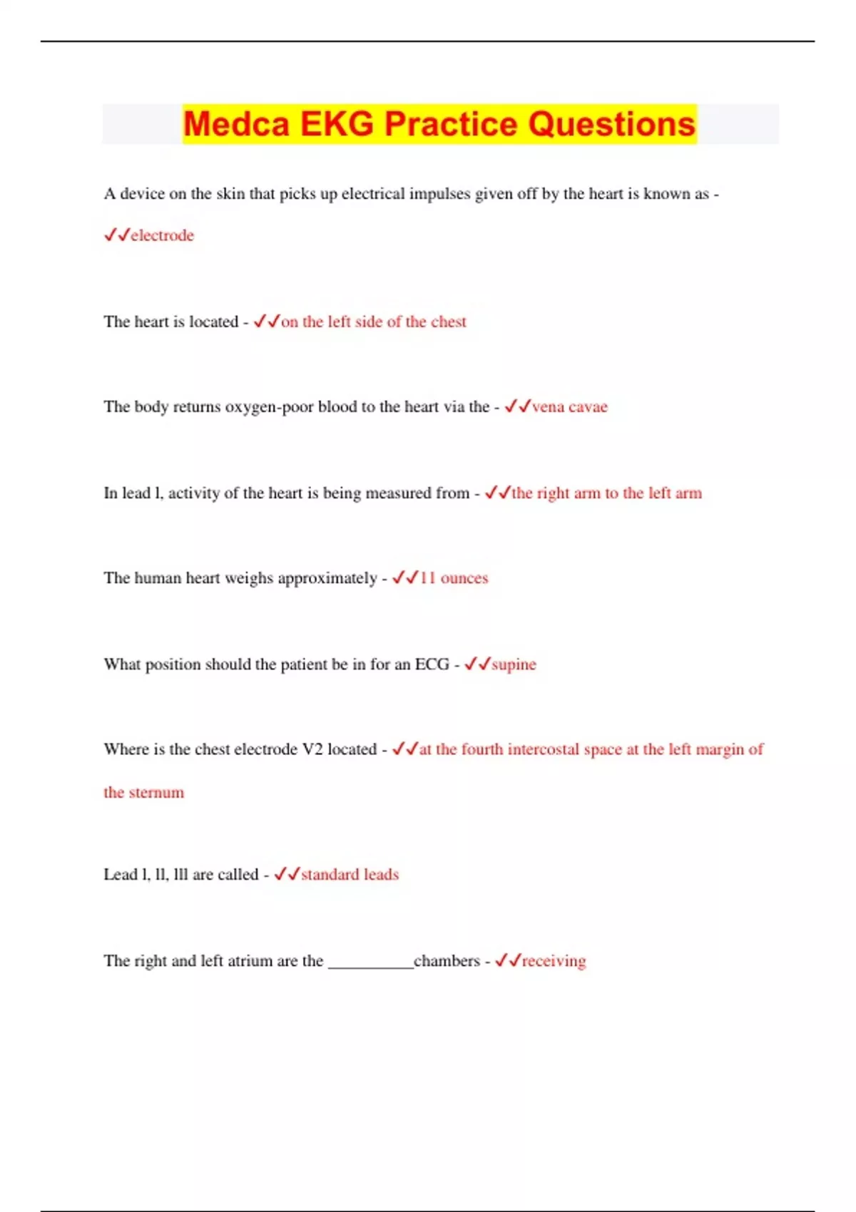 Medca EKG Practice Questions 2023 | 100% Correct Answers | Updated ...