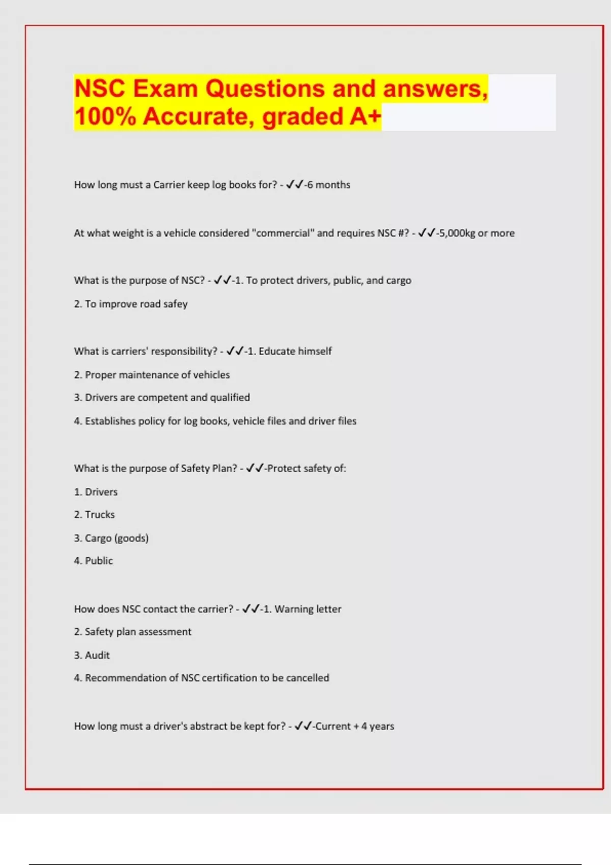 NSC Exam Questions and answers, 100% Accurate, graded A+ - NSC - Stuvia US