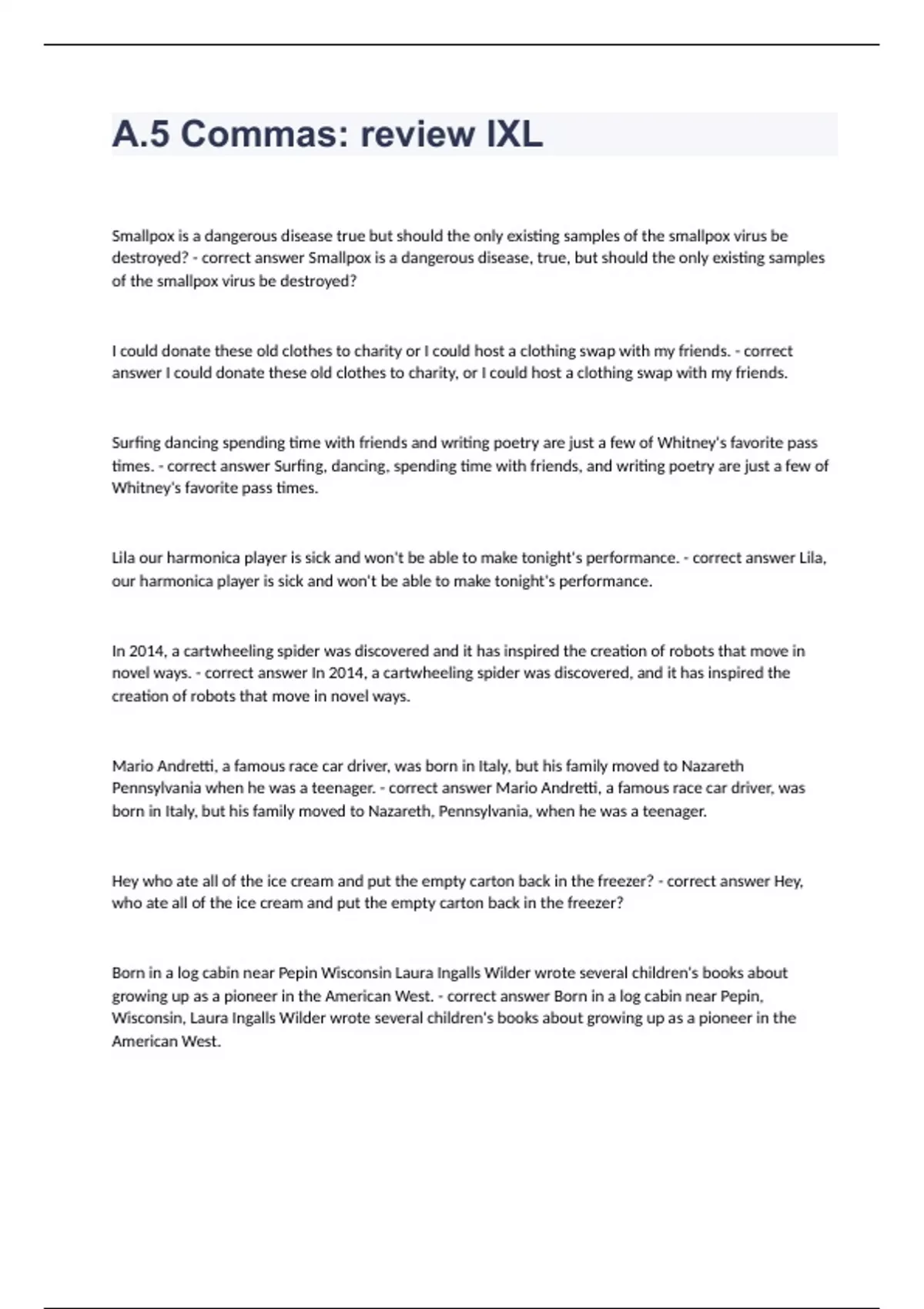 A.5 Commas review IXL questions with 100% correct answers 2023 - IXL ...