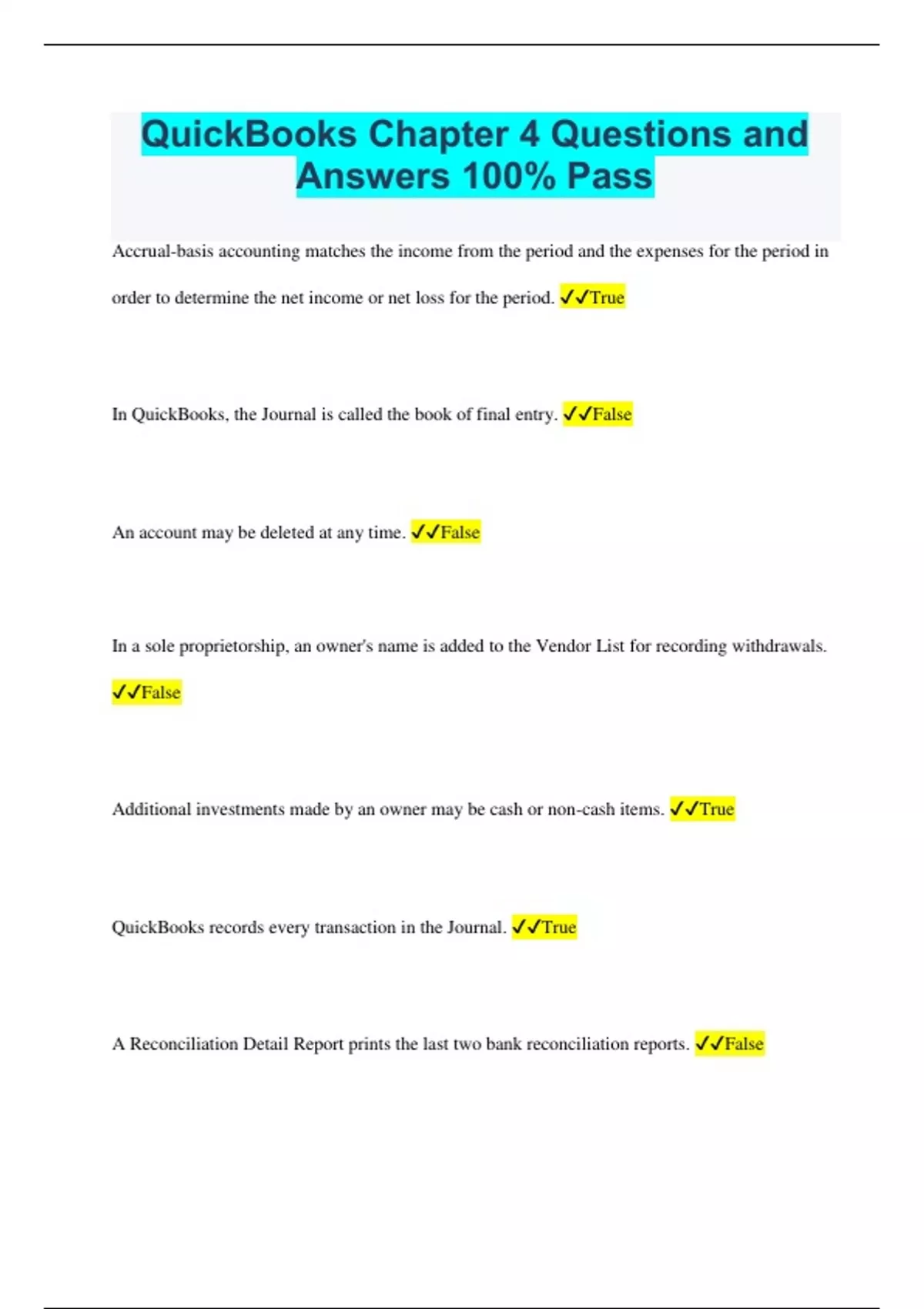 QuickBooks Chapter 4 Questions and Answers 100% Pass 2023|2024 update ...