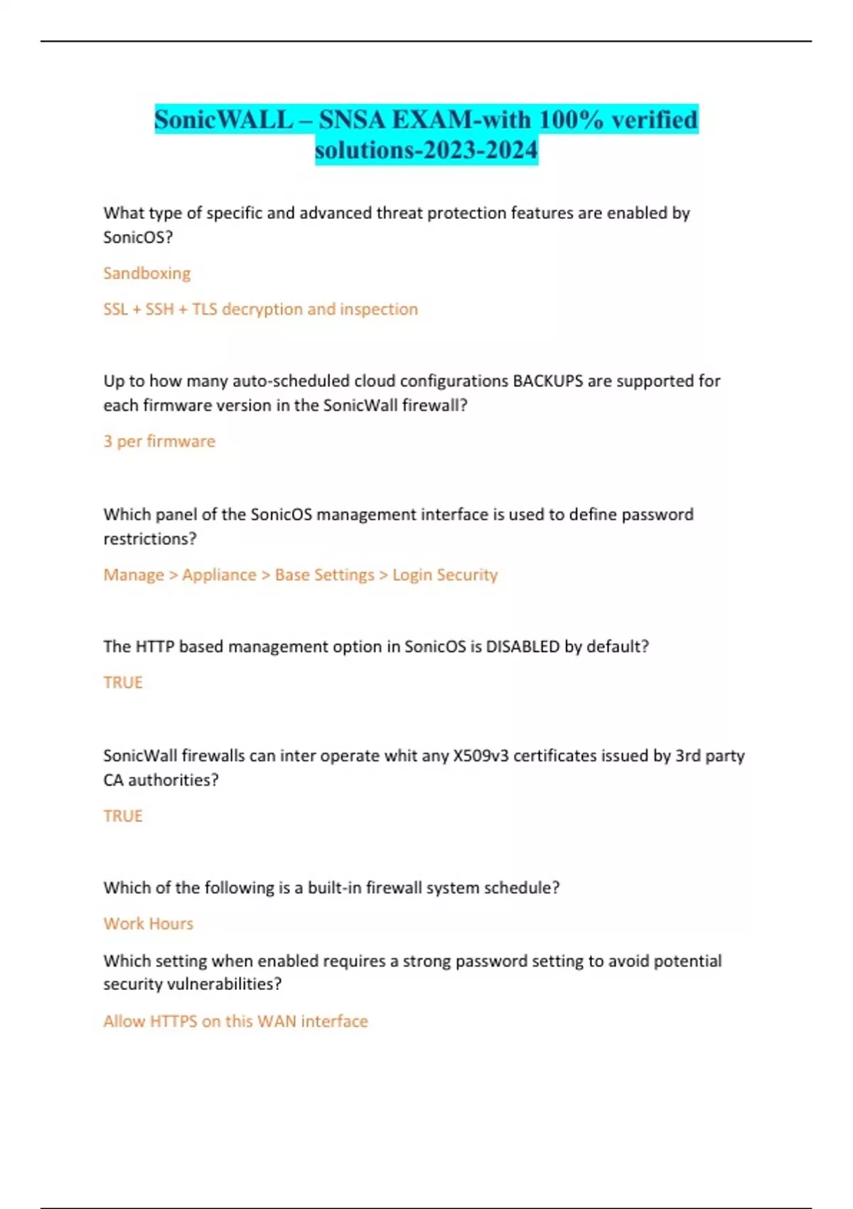 SonicWALL – SNSA EXAM-with 100% verified solutions- - Sonicwall - Stuvia US